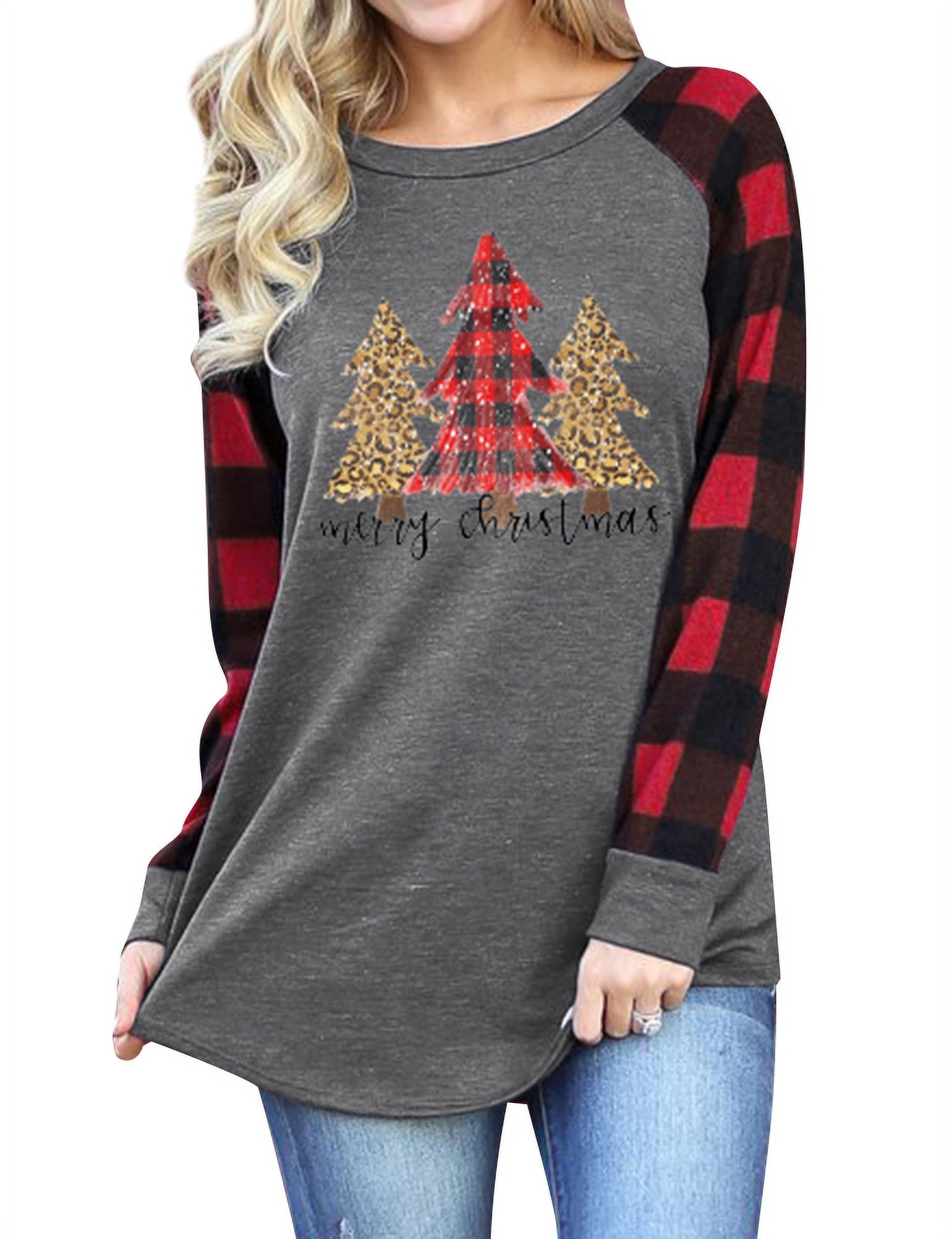 STARVNC Women Christmas Trees Print Round Neck Long Sleeve Splicing ...