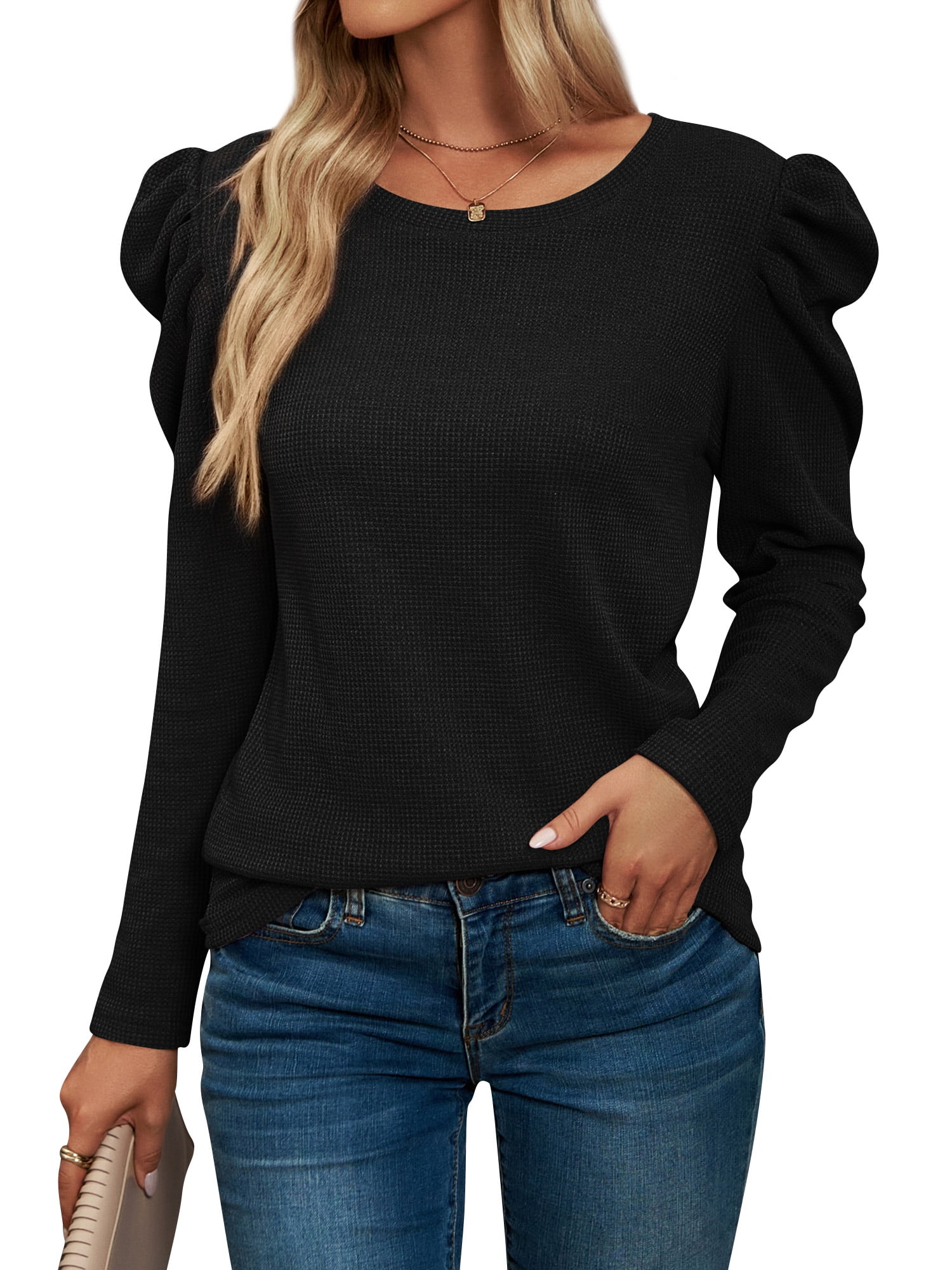 STARVNC Women Crew Neck Leg-Of-Mutton Long Sleeve Waffle Top - Walmart.com