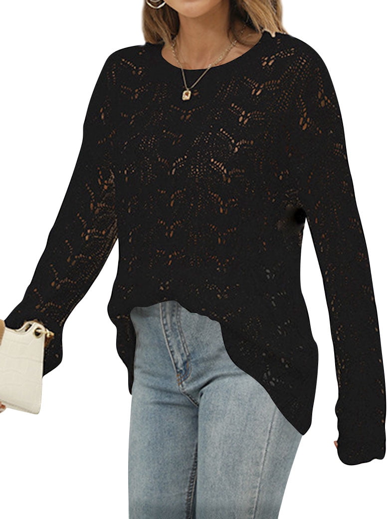 STARVNC Women Crochet Cutout Crew Neck Long Sleeve Wavy Hem Top ...