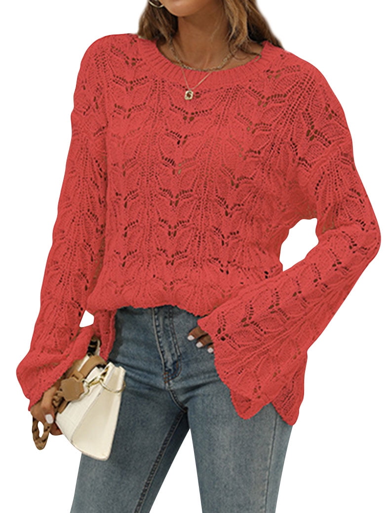 STARVNC Women Crochet Cutout Crew Neck Long Sleeve Wavy Hem Top ...