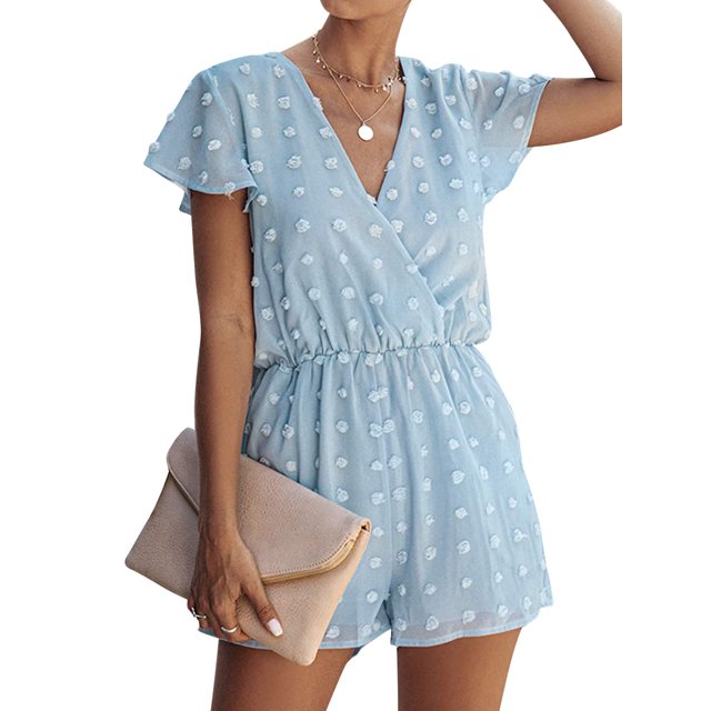 Starvnc Women Cross Over V Neck Short Sleeve Swiss Dots Crochet Solid