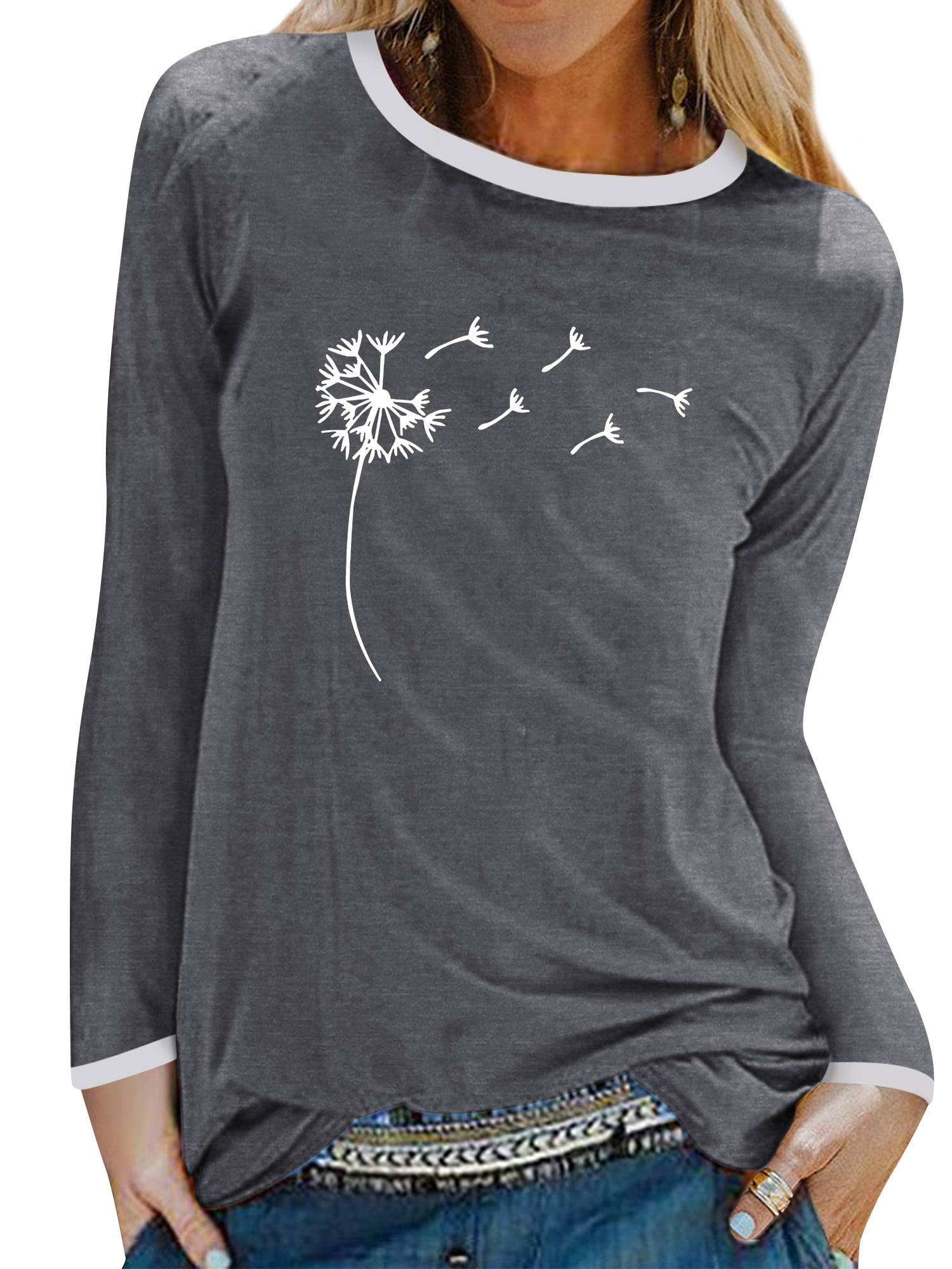 STARVNC Women Dandelion Pattern Print Crew Long Sleeve Top - Walmart.com