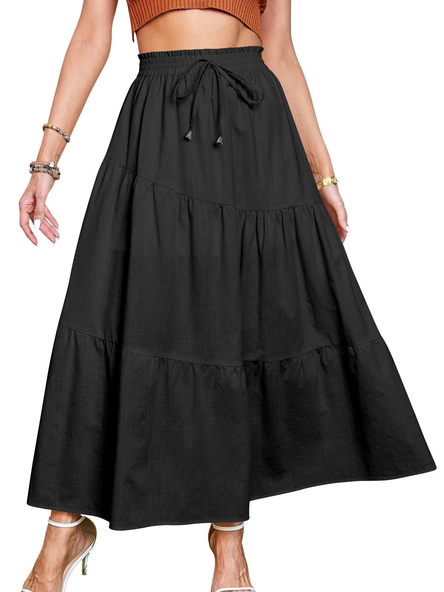 STARVNC Women Drawstring Elastic Waist Pleated Tiered Hem Maxi Skirt ...