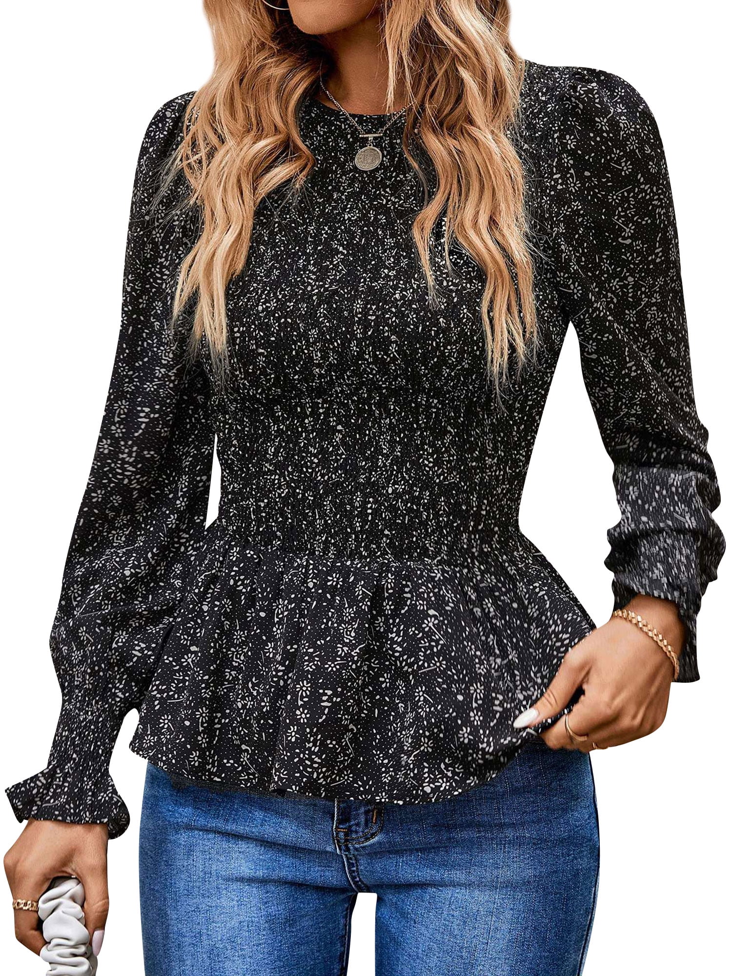 STARVNC Women Floral Print Crew Neck Puff Long Sleeve Smocked Ruffle ...