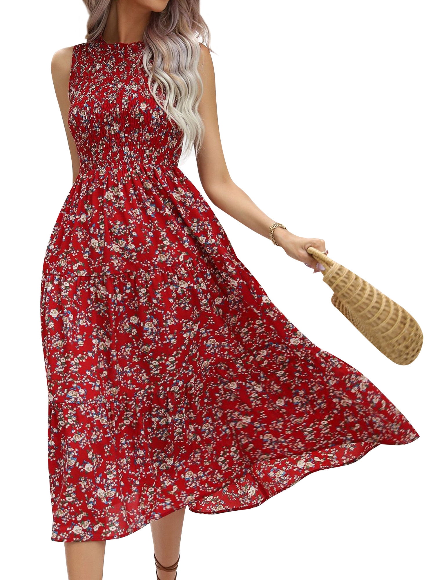STARVNC Women's Summer Floral Print Ruffle Crew Neck Sleeveless Midi ...