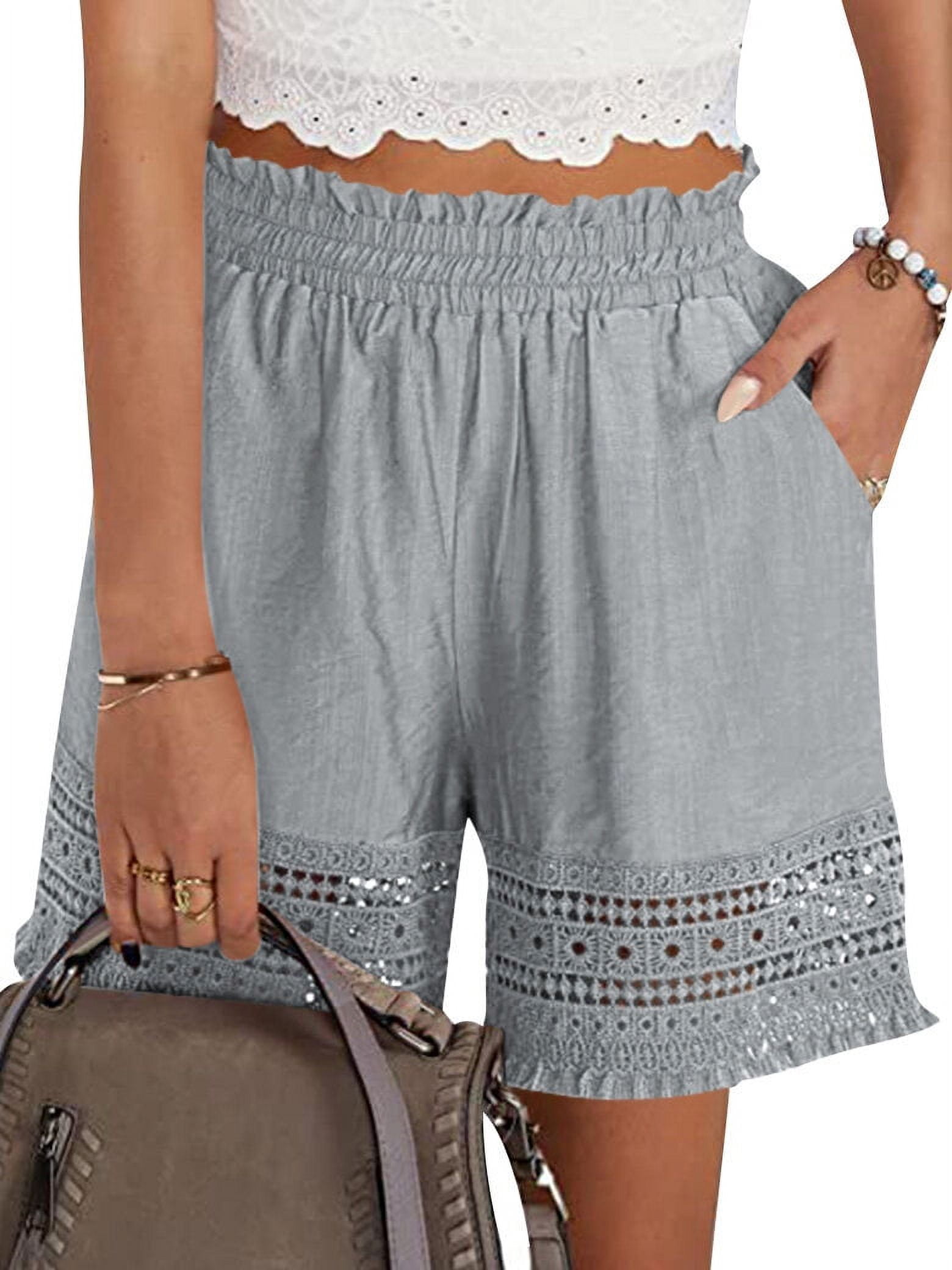 STARVNC Women's High Waisted Smocked Shorts with Hollow Out Ruffle and ...