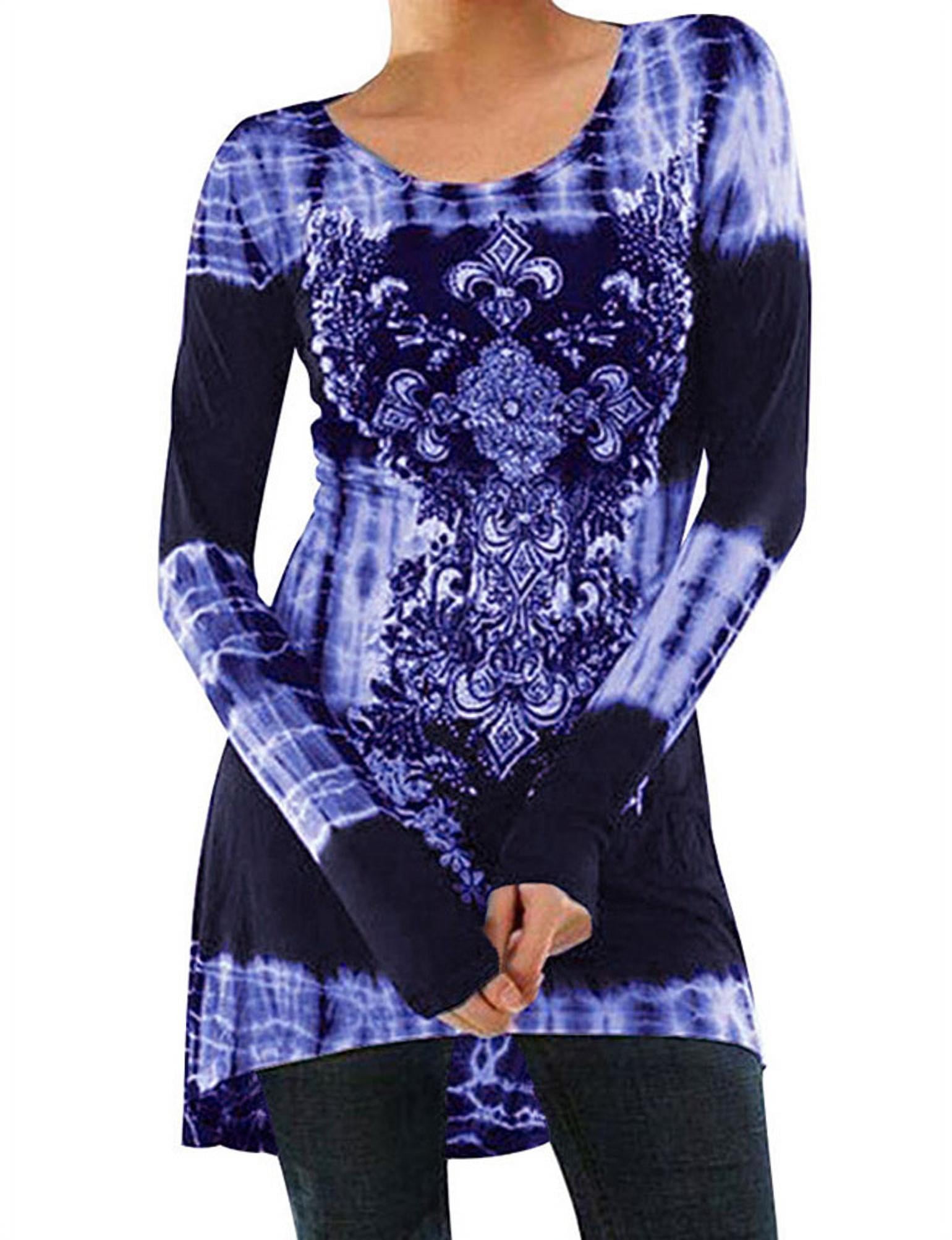 STARVNC Women's Cotton Blended Long Sleeve Boho Print Colorblock Splice ...