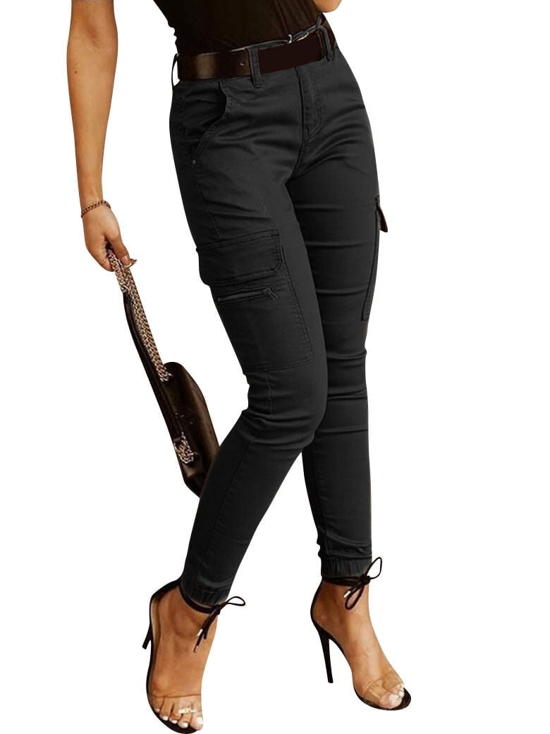 STARVNC Women Low-Waisted Multi-Pockets Solid Color Cargo Pants ...