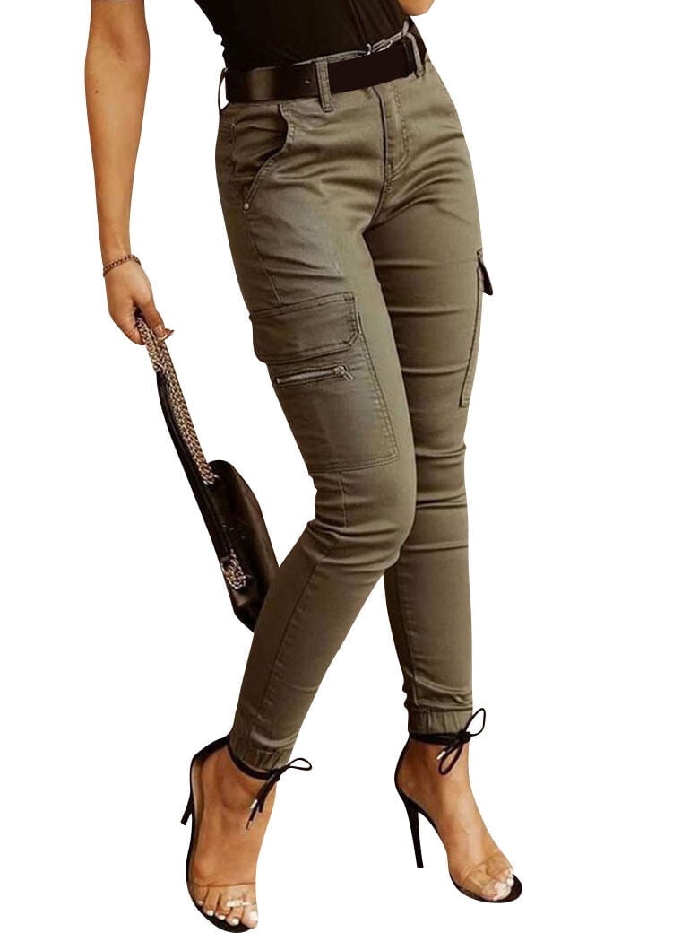 STARVNC Women Low-Waisted Multi-Pockets Solid Color Cargo Pants ...