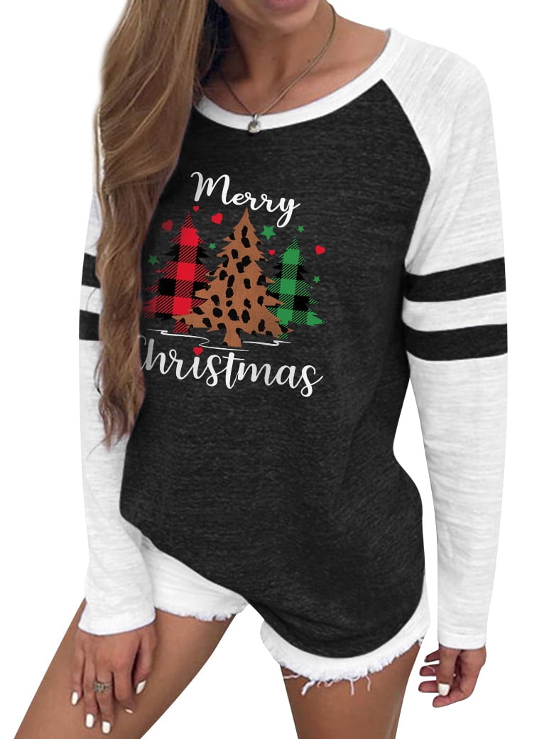 STARVNC Women Merry Christmas Plaid Christmas Trees Stripe Splice Long Sleeve Crew Neck Shirt ...