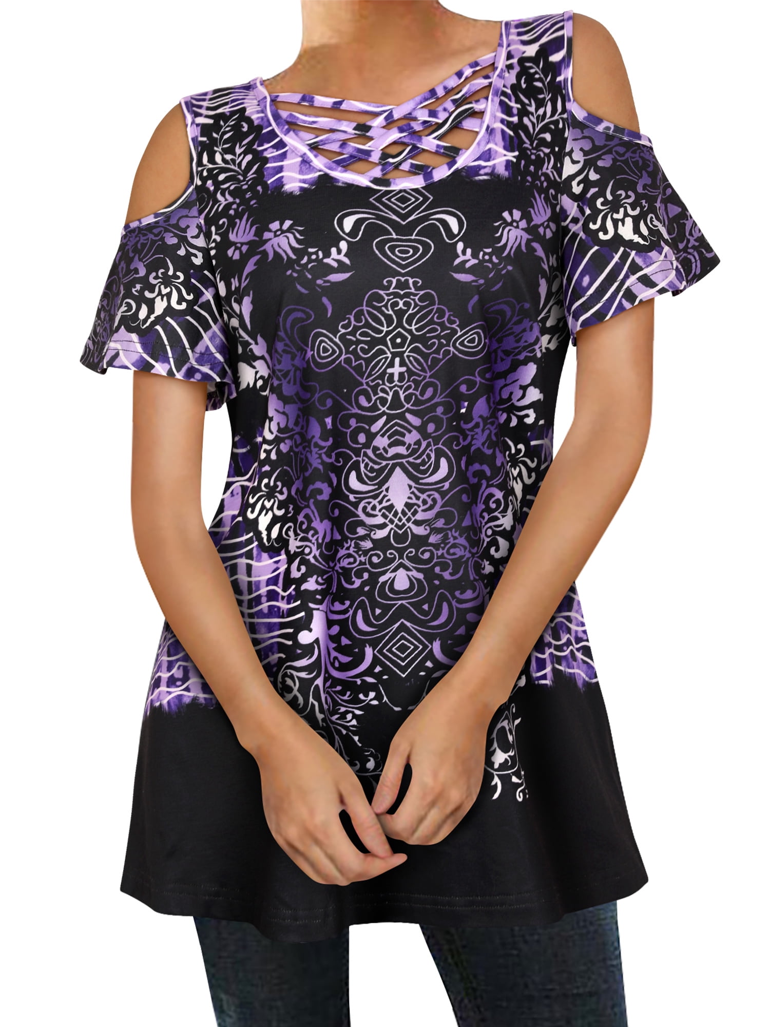 STARVNC Women Short Sleeve Boho Printing Colorblock Splice Tunic Top ...
