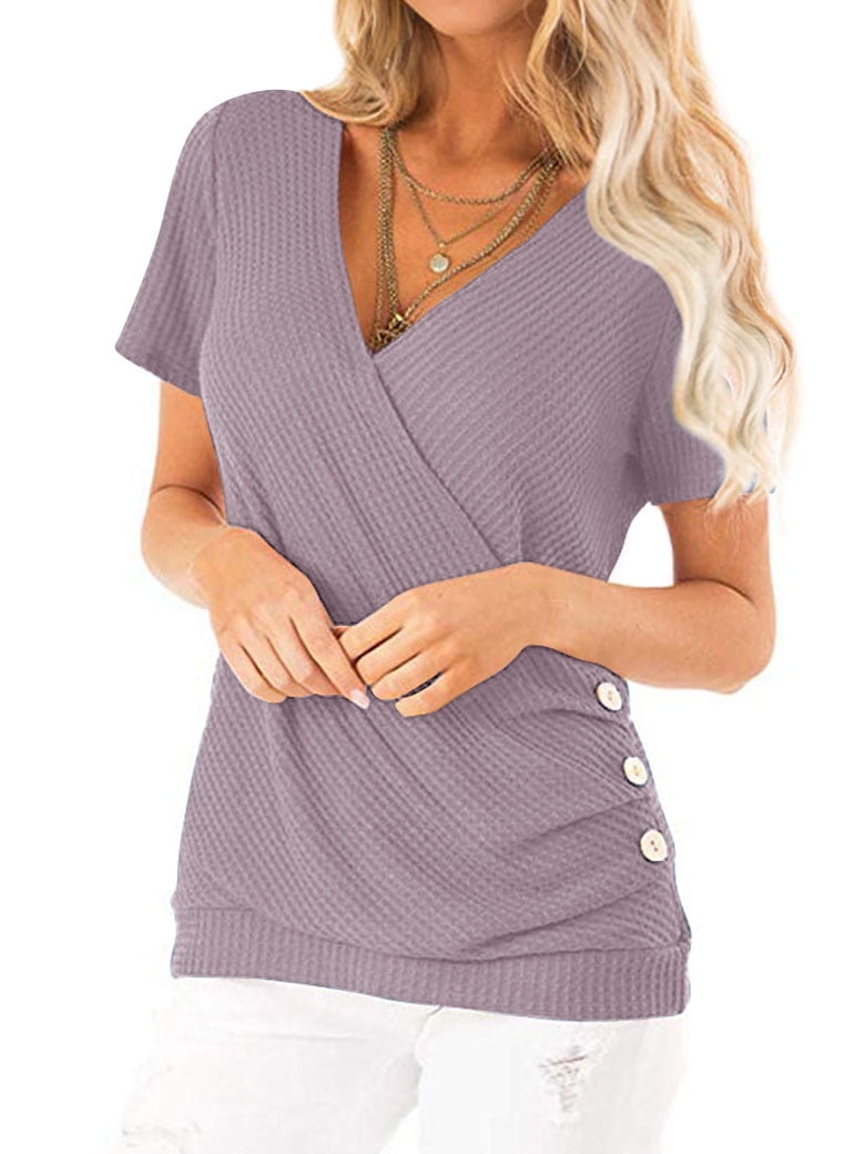 STARVNC Women's Polyester Blended V Neck, Short Sleeve, Crossed ...