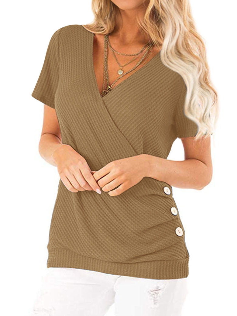 Women Short Sleeve Crossed Surplice Button Tops - Walmart.com