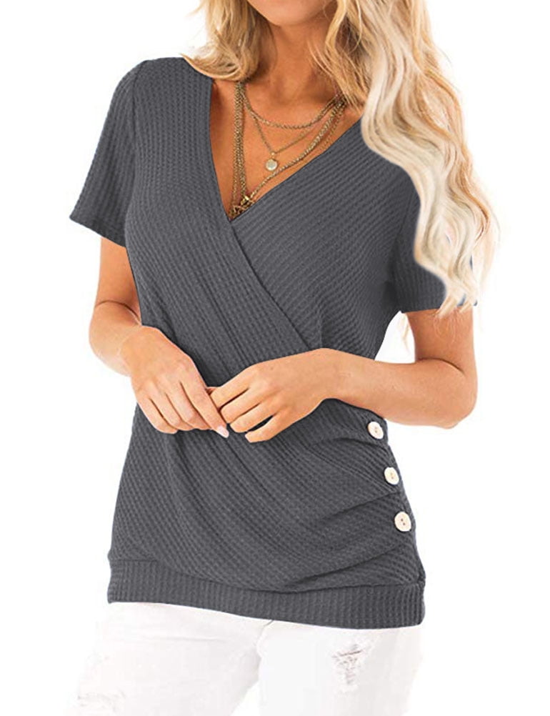STARVNC Women Short Sleeve Crossed Surplice Button Tops - Walmart.com