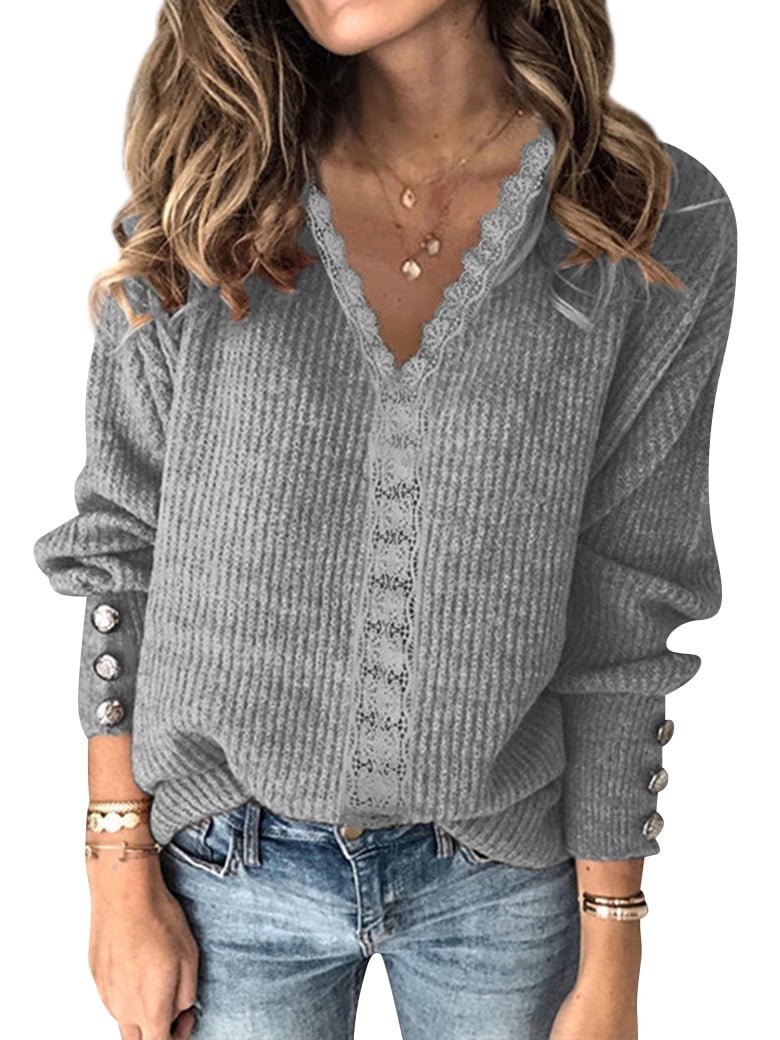 STARVNC Women's V Neck Sweater with Lace Stitching, Buttons and Long ...
