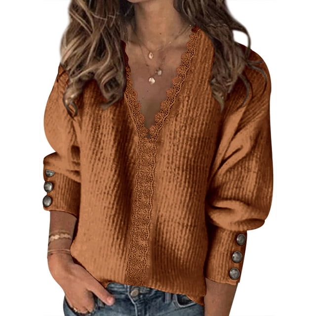 STARVNC Women Solid Color V Neck Lace Stitching Buttons Long Sleeves ...