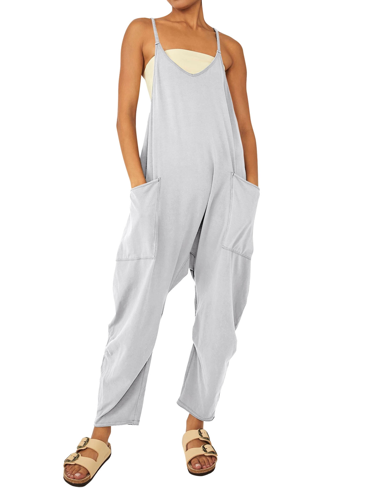 STARVNC Women Solid Color V Neck Sleeveless Pockets Jumpsuit - Walmart.com