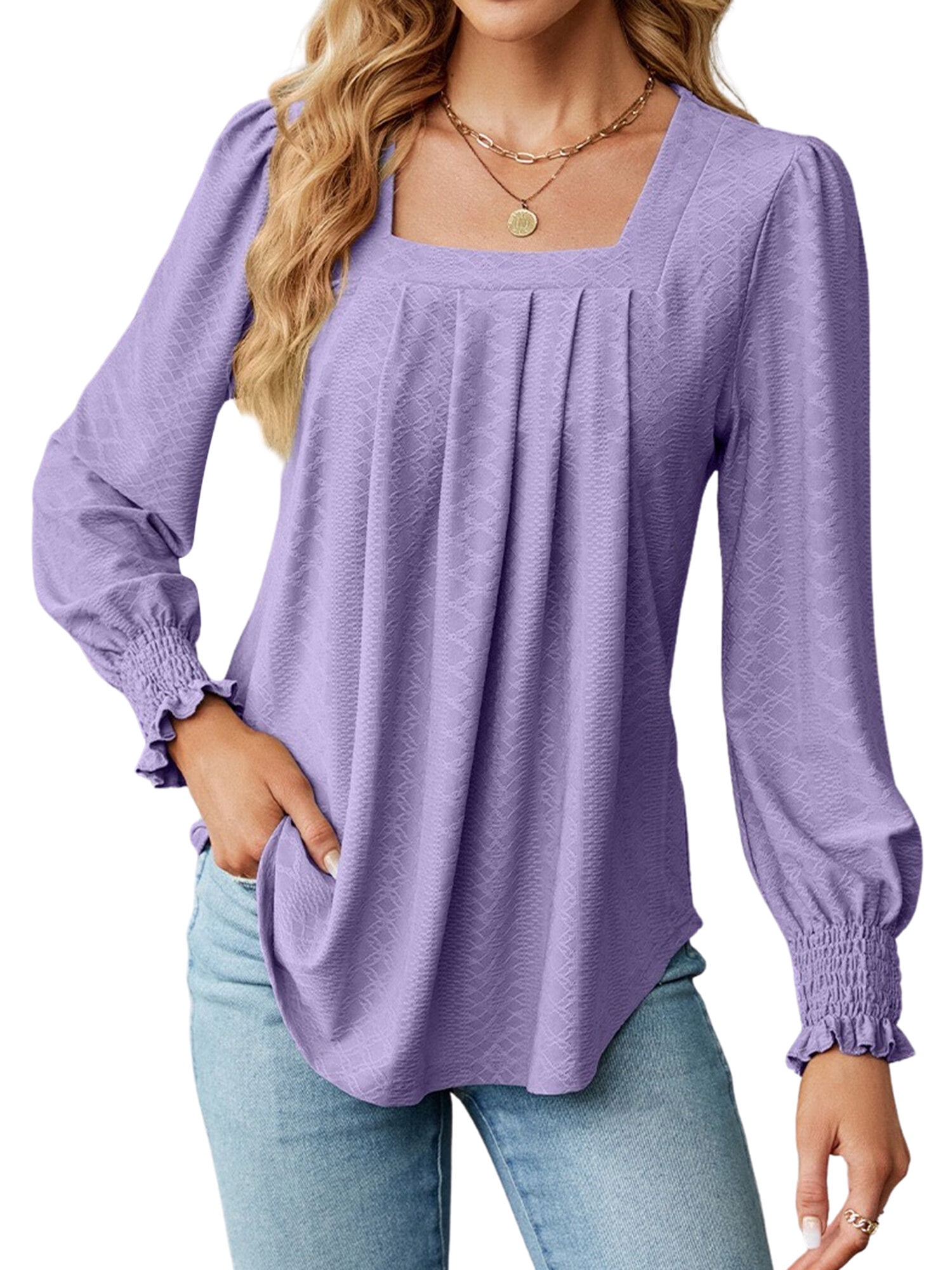 STARVNC Women Square Neck Puff Long Sleeve Pleated Smocked Cuffs Tunic ...