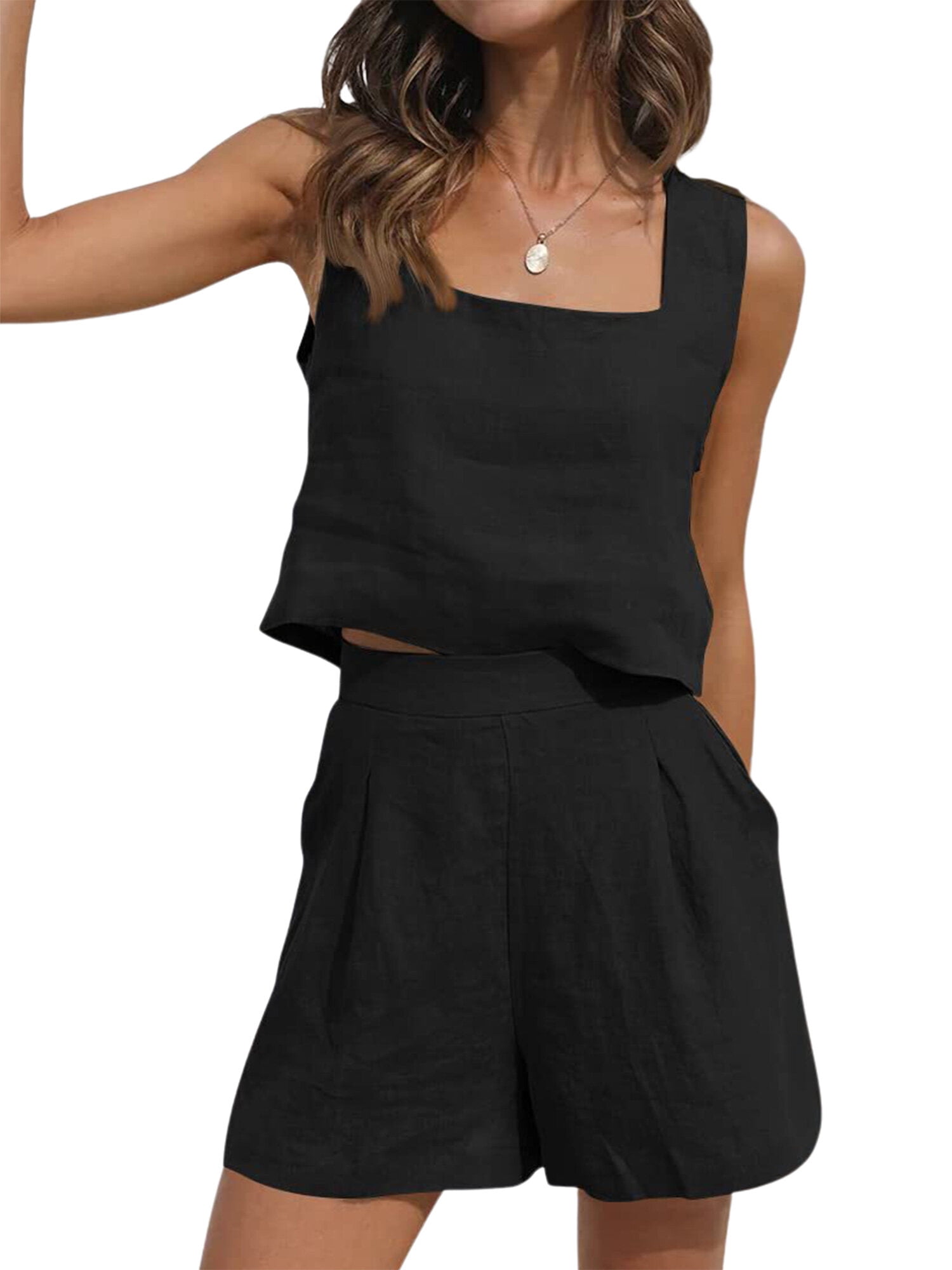 STARVNC Women's Casual Square Neck Sleeveless Shorts Linen Matching 2 ...