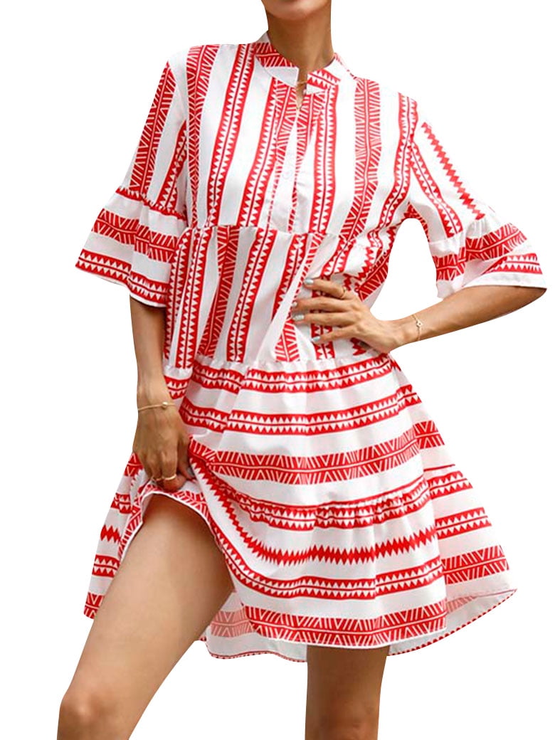 STARVNC Women Striped Colorblock V Neck Flare Half Sleeve Mini Dress ...