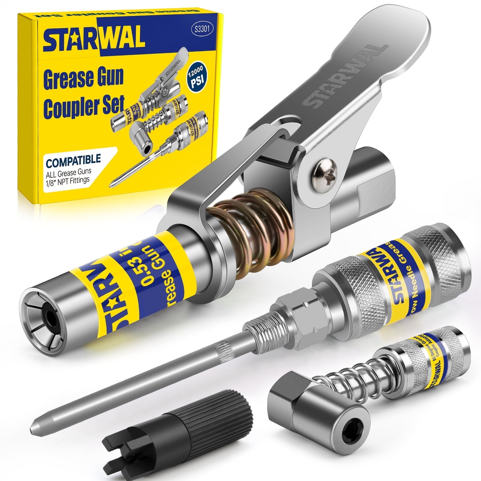 STARWAL Grease Gun Coupler Set with 0.53 Inch Tips, 90° Swivel Adapter ...