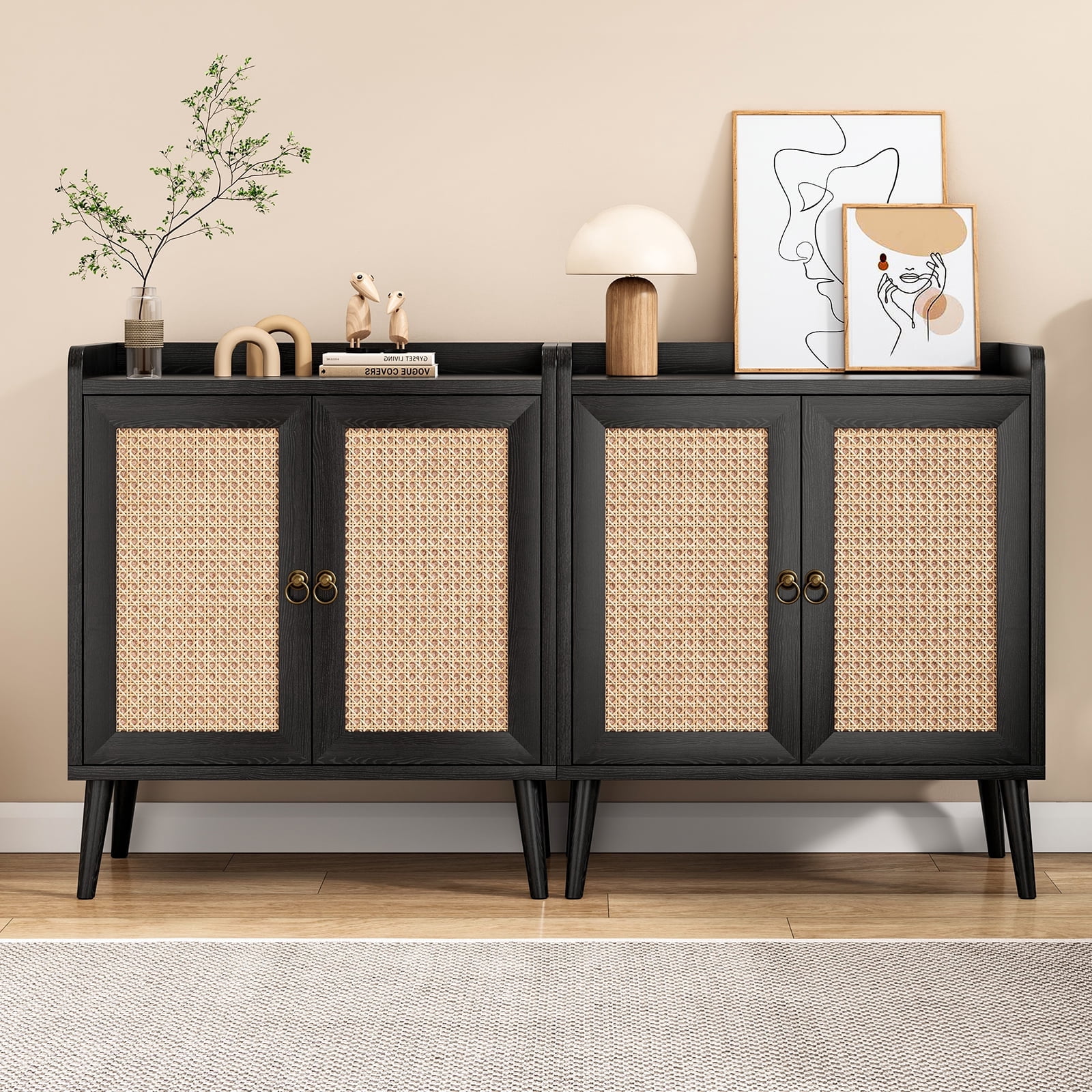 STARY 2Pcs Sideboard Buffet Cabinet Bar Cabinets with Rattan Decorated ...