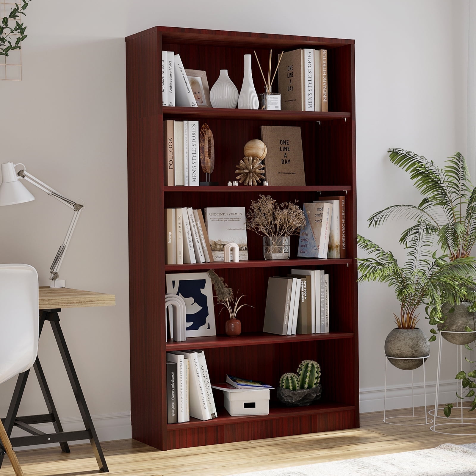 STARY 5 Tiers Bookcase, Wooden Bookcase with Adjustable Shelves for ...