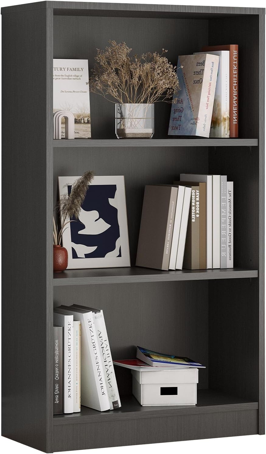 STARY Bookcase Freestanding 3 Shelf Wood Bookshelf Adjustable Shelves ...