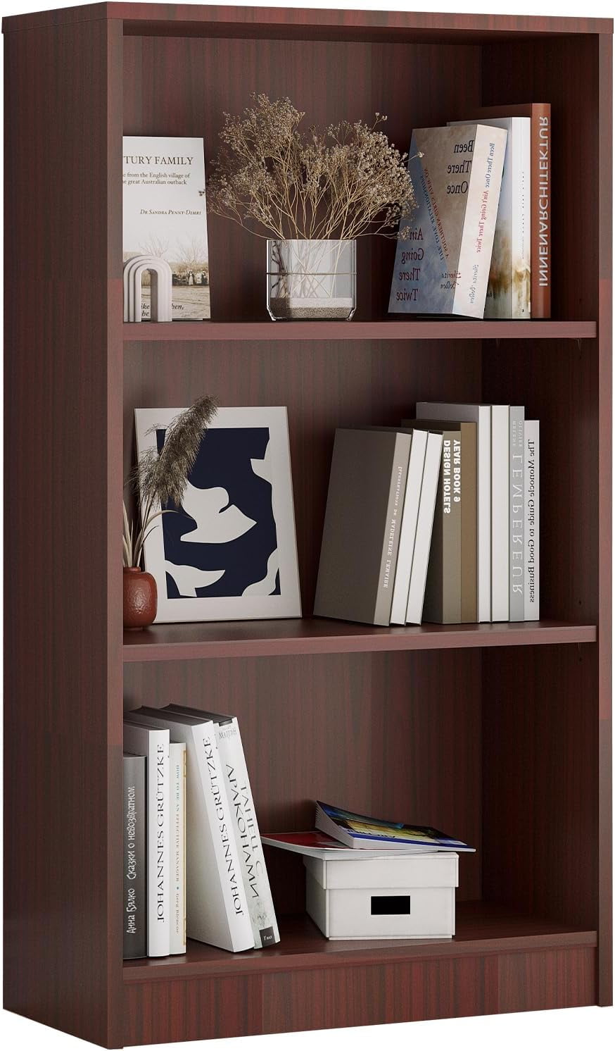 STARY Bookcase Freestanding 3 Shelf Wood Bookshelf Adjustable Shelves ...