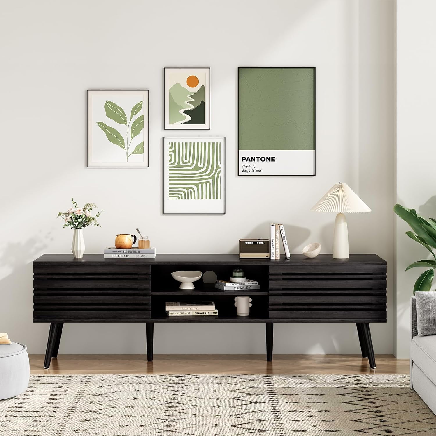 STARY Mid Century Modern TV Stands for up to 70" TV with Storage, Fluted Wood TV Stand for ...