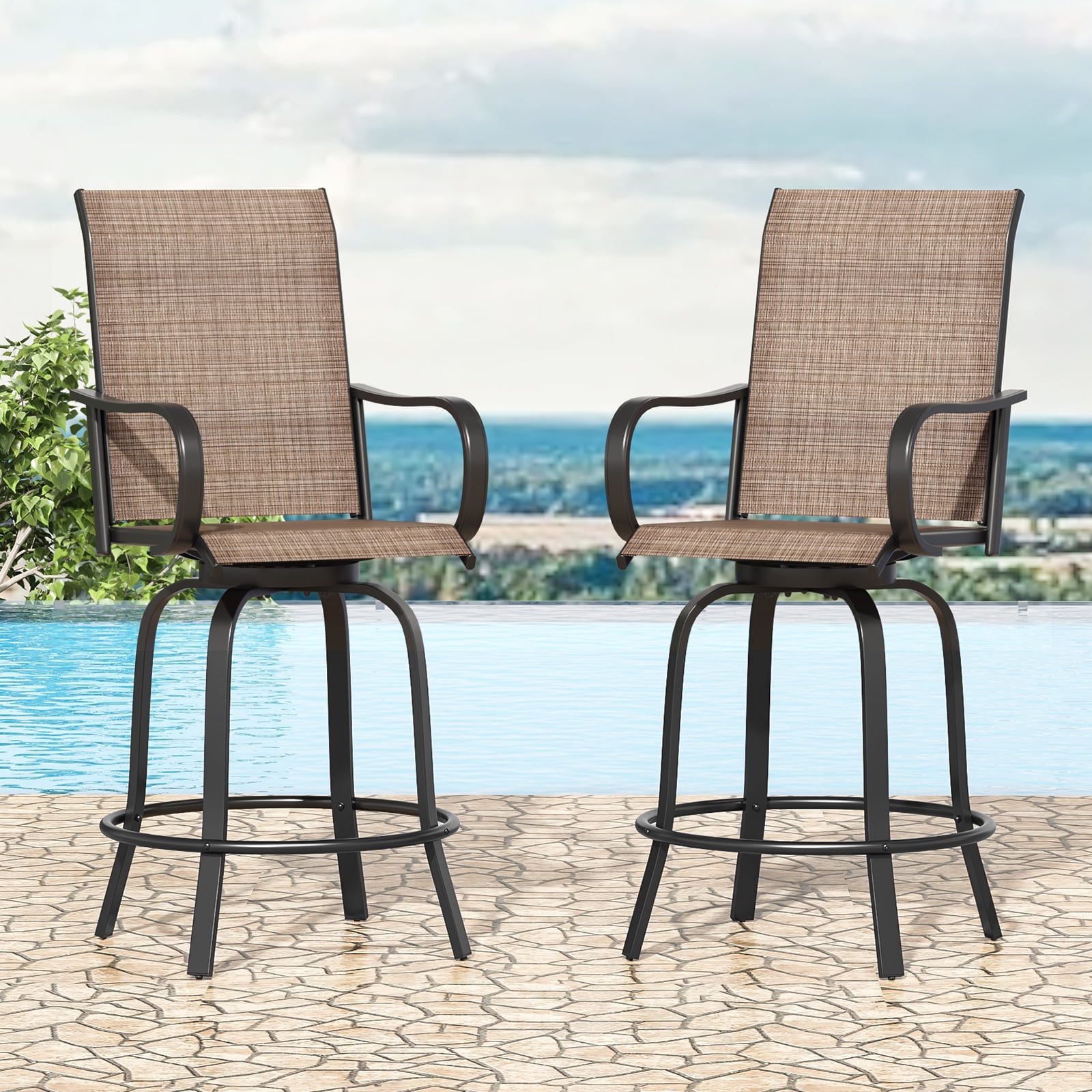 STARY Outdoor Bar Stools Set of 2, Swivel Patio Barstools with Textile ...