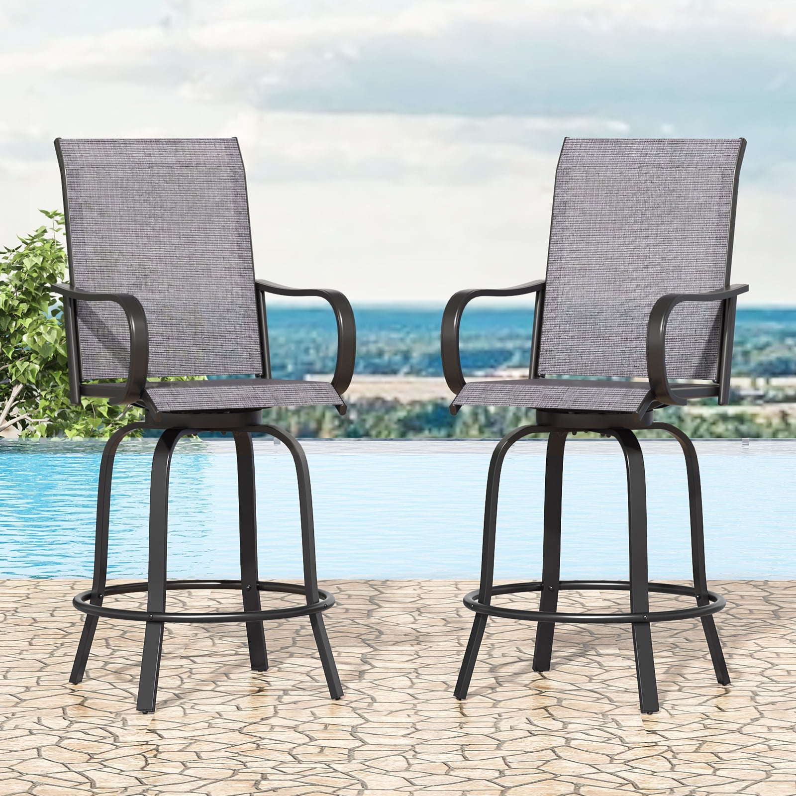 STARY Outdoor Bar Stools Set of 2, Swivel Patio Barstools with Textile ...
