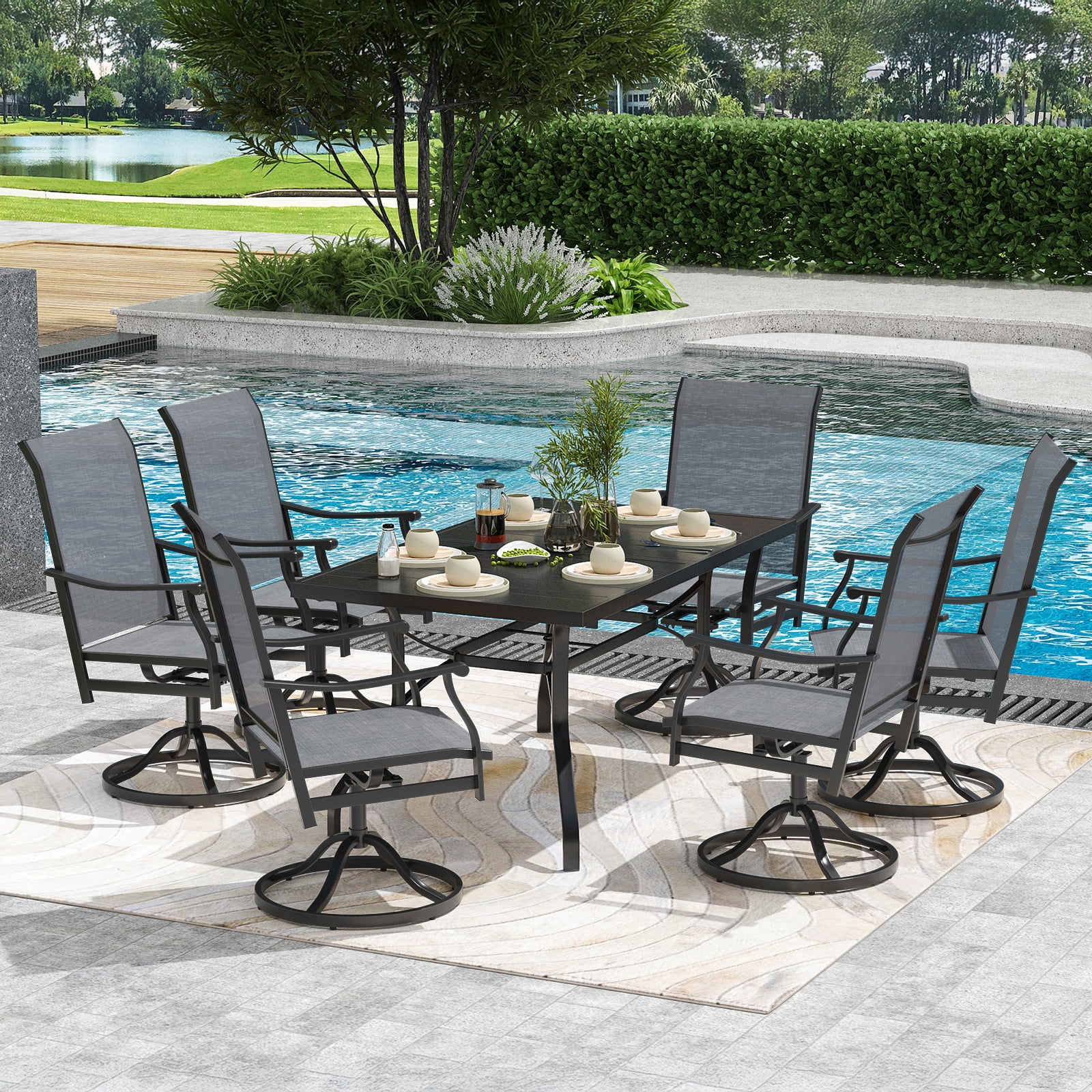 STARY, Outdoor Dining Set for 6, 7-Piece Gray Textilene and Steel ...