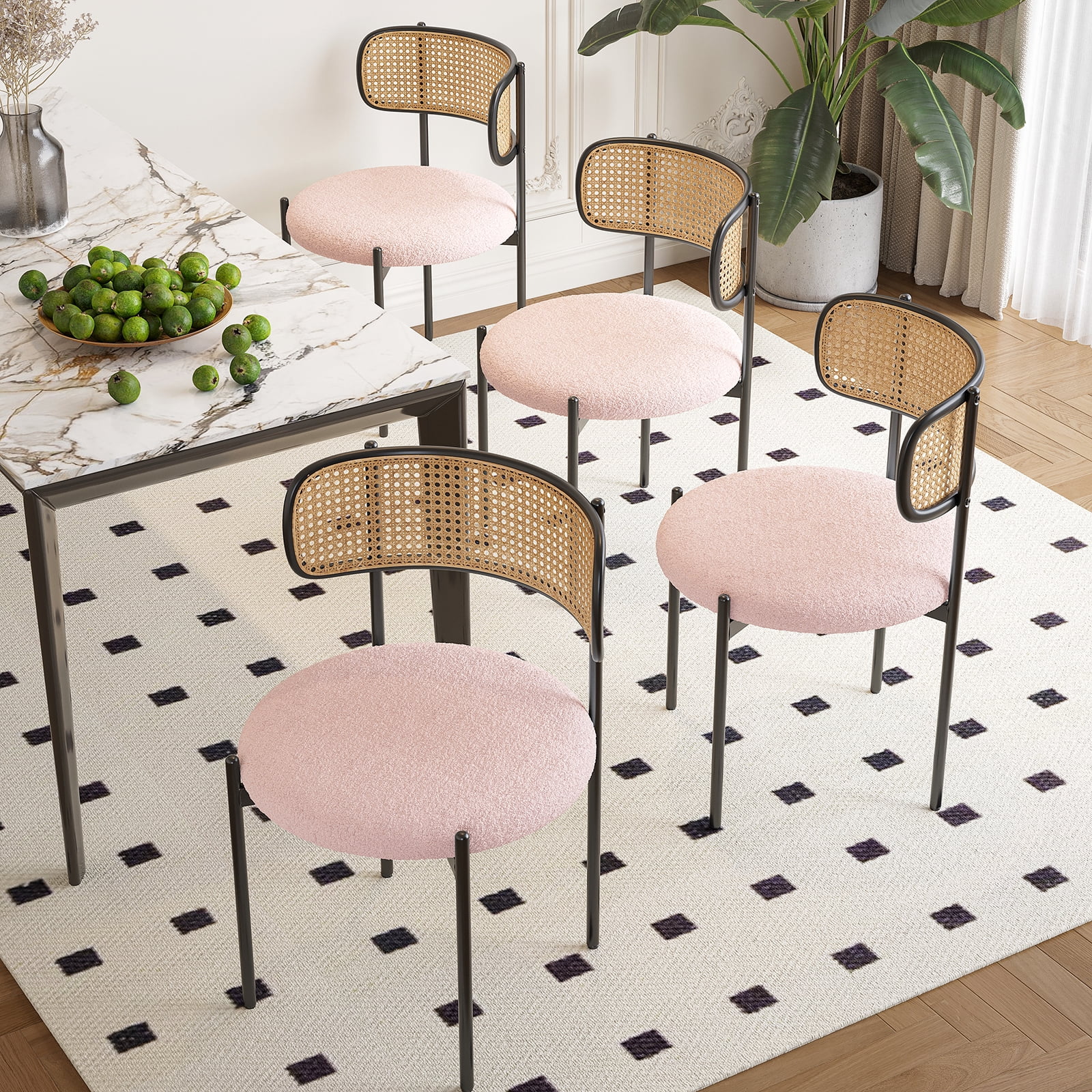 STARY Upholstered Dining Chair Set of 4, Rattan Backrest Kitchen Chair ...