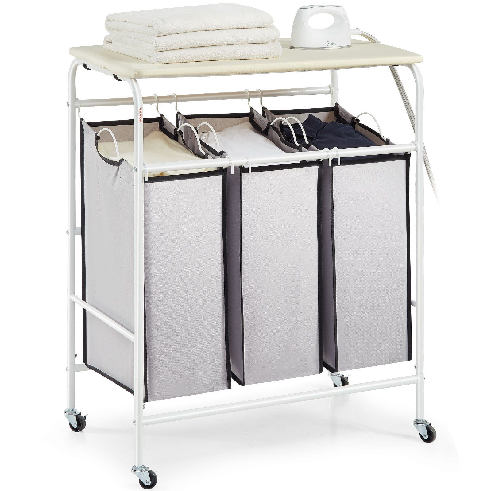 STAWAY 3-Section Heavy Duty Laundry Sorter Cart with Ironing Board ...