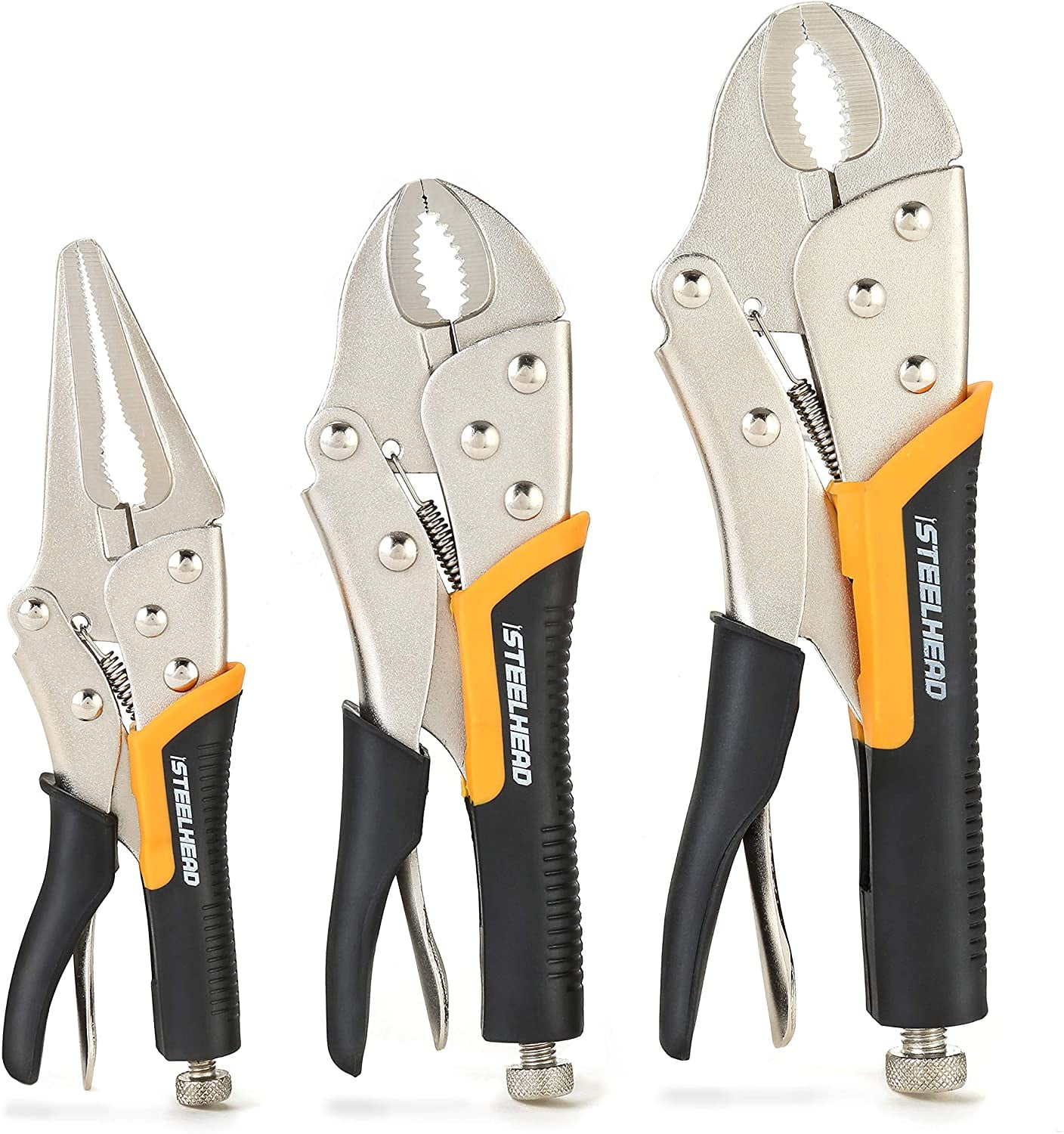STEELHEAD 3-Piece Locking Pliers Set, 10-inch Curved Jaw, 7-Inch Curved Jaw & 6-1/2” Long Nose ...