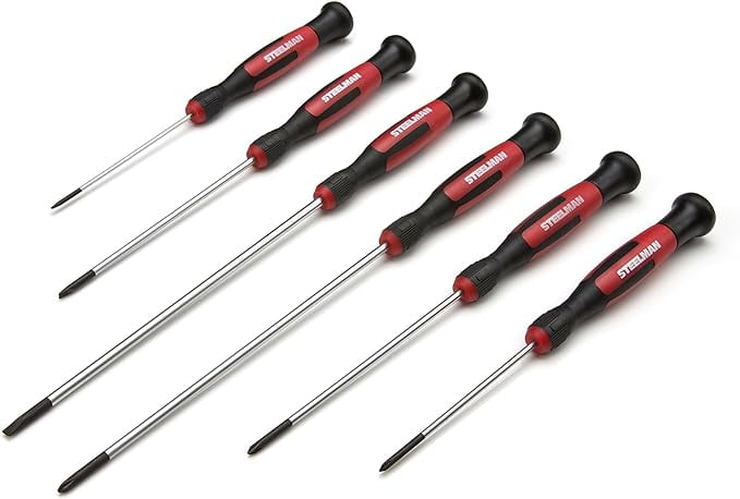 STEELMAN Precision Steel Shaft 6-Piece Long Electronics Screwdriver Set, Variety of Slotted ...
