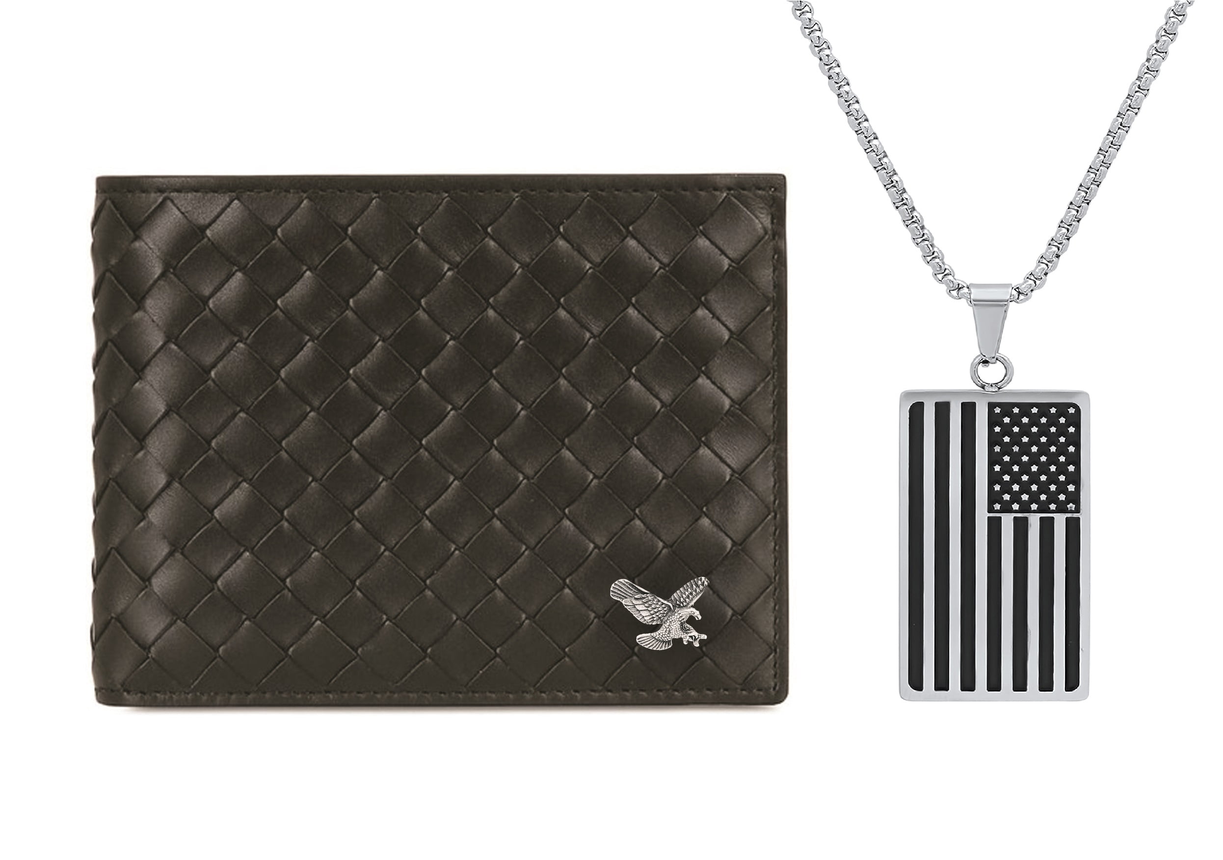 STEELTIME Men's Black Braided Vegan Leather Patriotic Eagle Wallet With ...