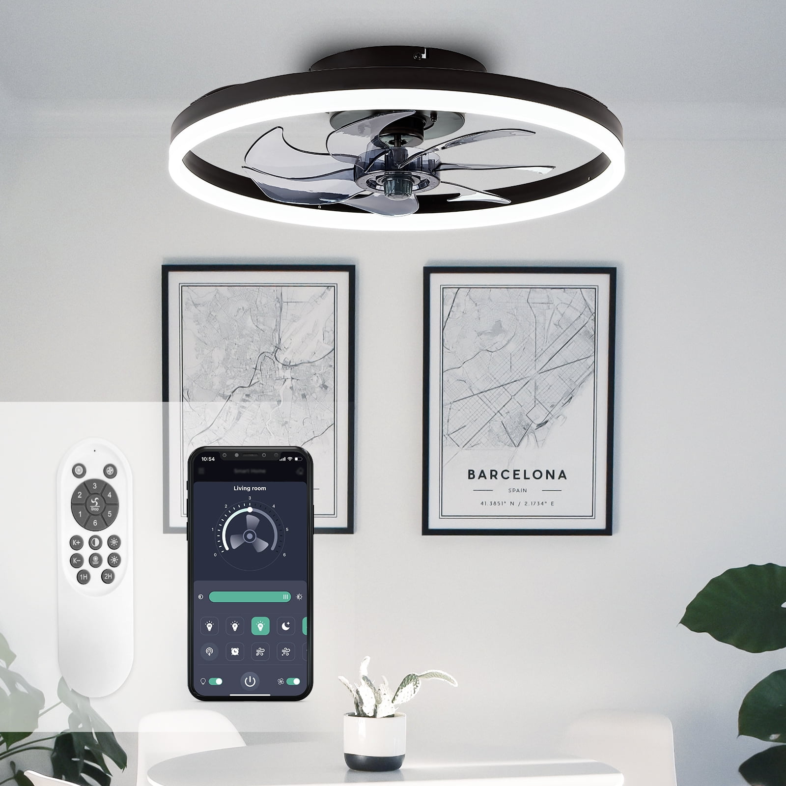 STERREN 20'' Black LED Flush Mount Bladeless Ceiling Fan, Reversible ...