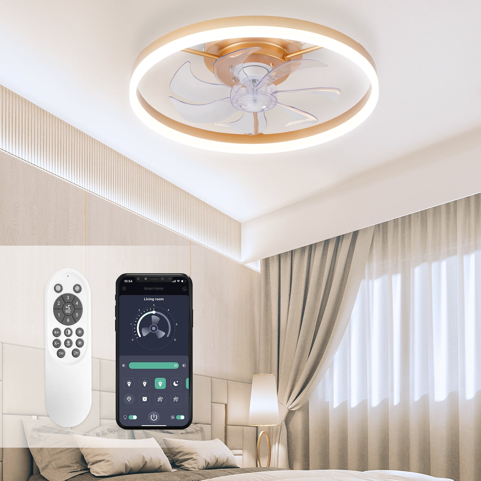 STERREN Modern Gold 20" LED Flush Bedroom Low Profile Ceiling Fan with ...