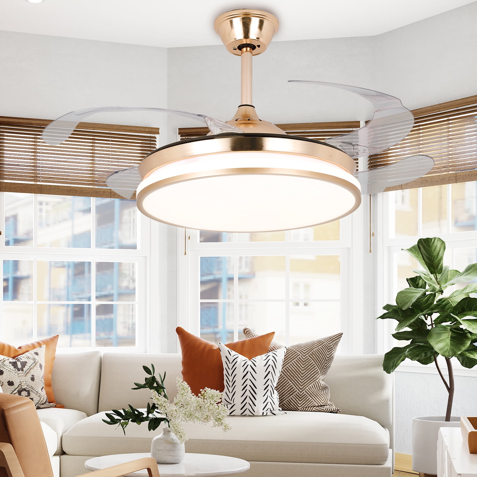 STERREN Retractable Gold Ceiling Fan with Lights, 42 inch Modern Low ...