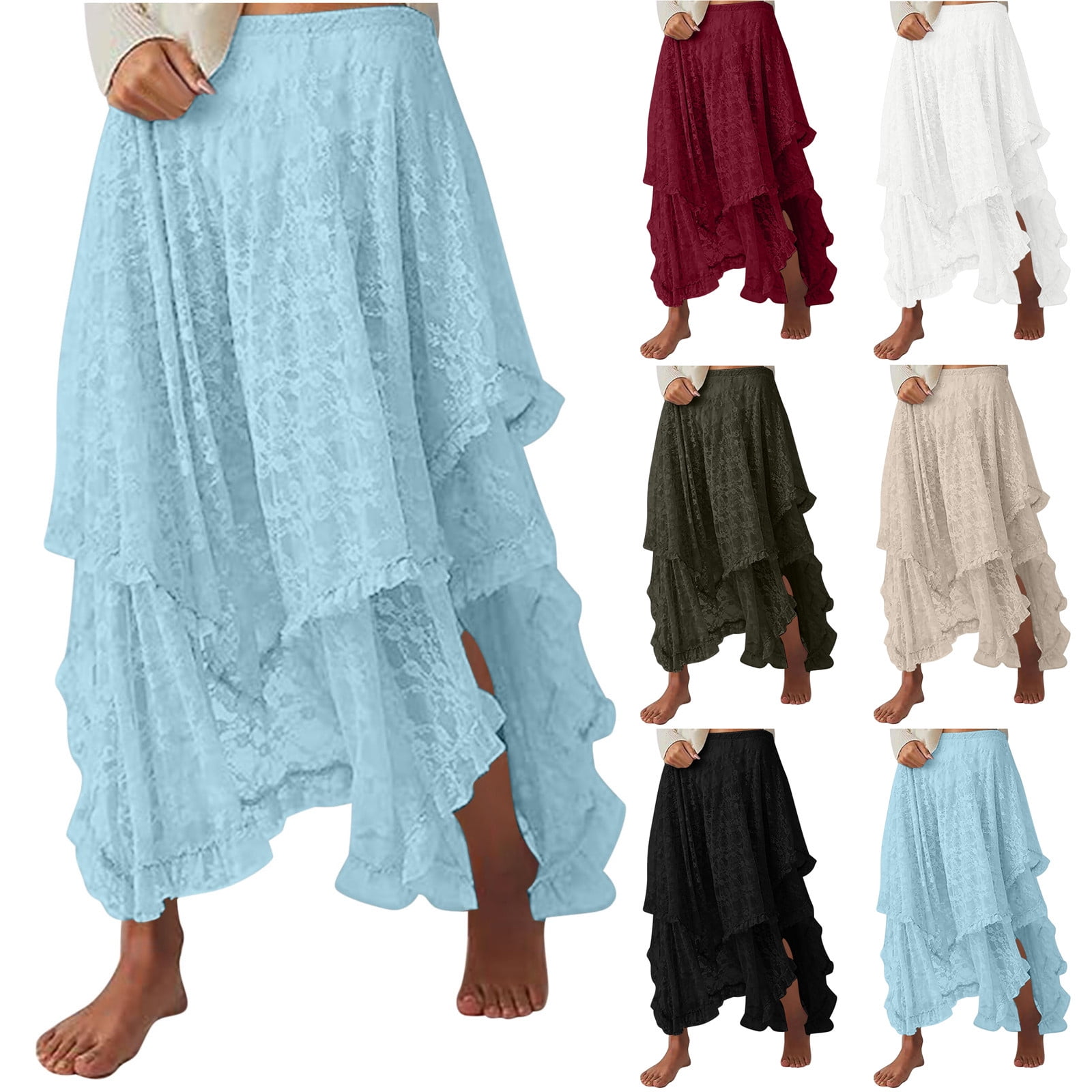 STETMN Lace Maxi Skirt for Women Layered Flowy Asymmetrical Tulle Skirt ...