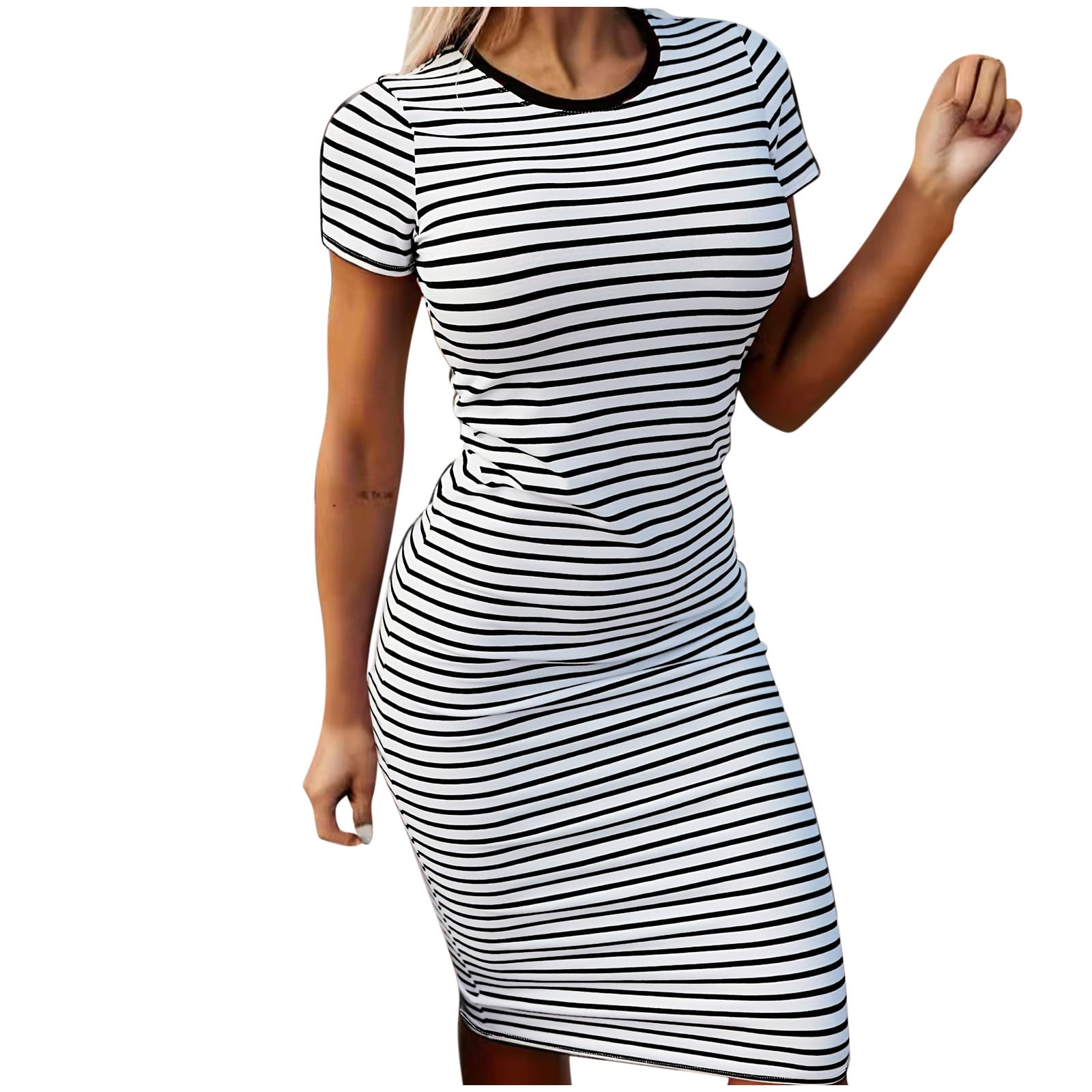 STETMN Ladies Maxi Dress Casual Short Sleeve Crew Neck Striped Long ...