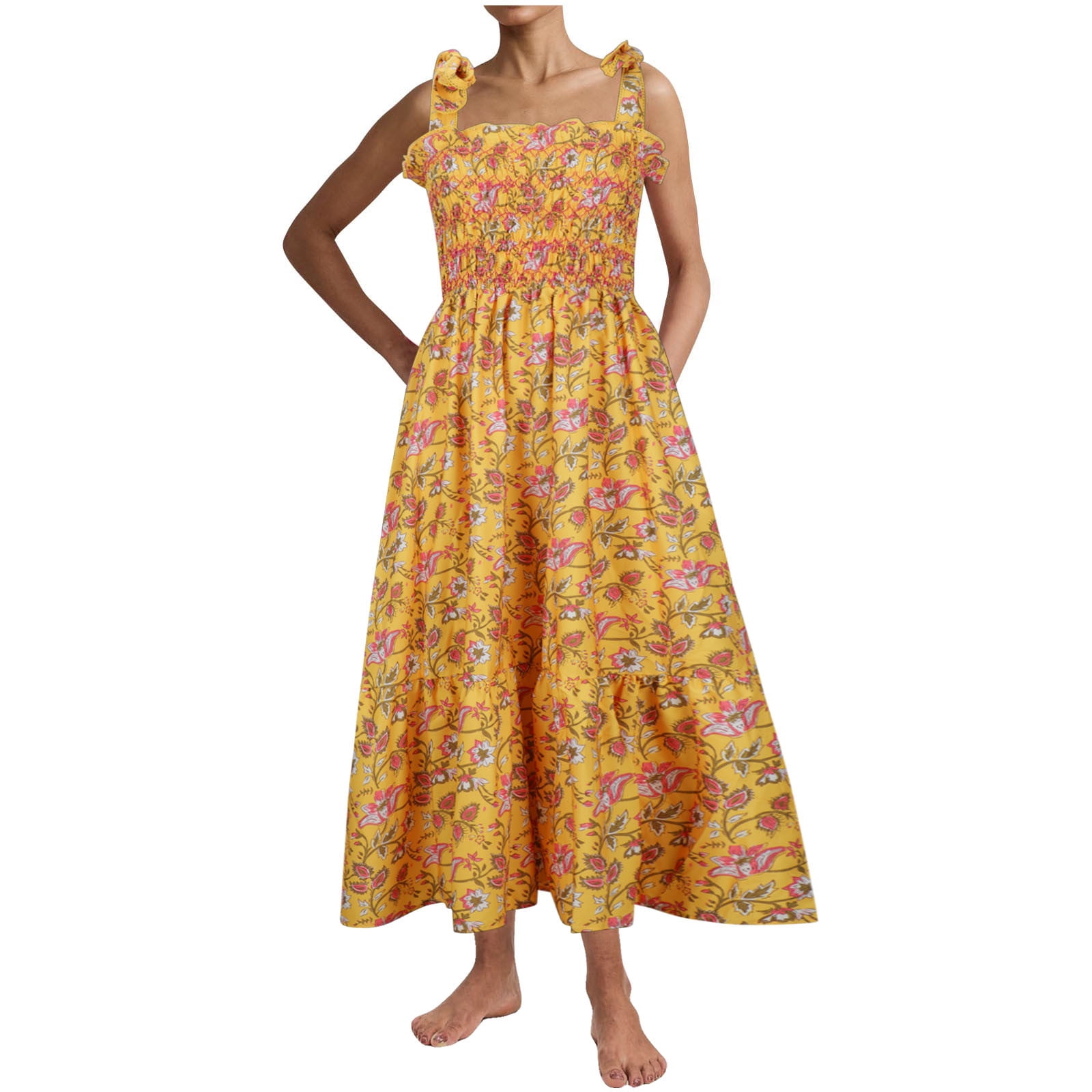 STETMN Ladies Summer Boho Floral Beach Dress Square Neck Ruffle Sun ...