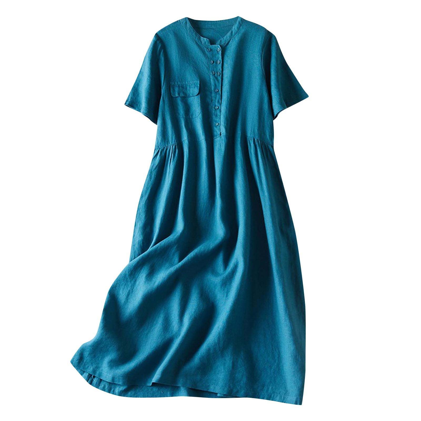 STETMN Maxi Linen Dresses for Women Short Sleeve Solid Sundress Button ...