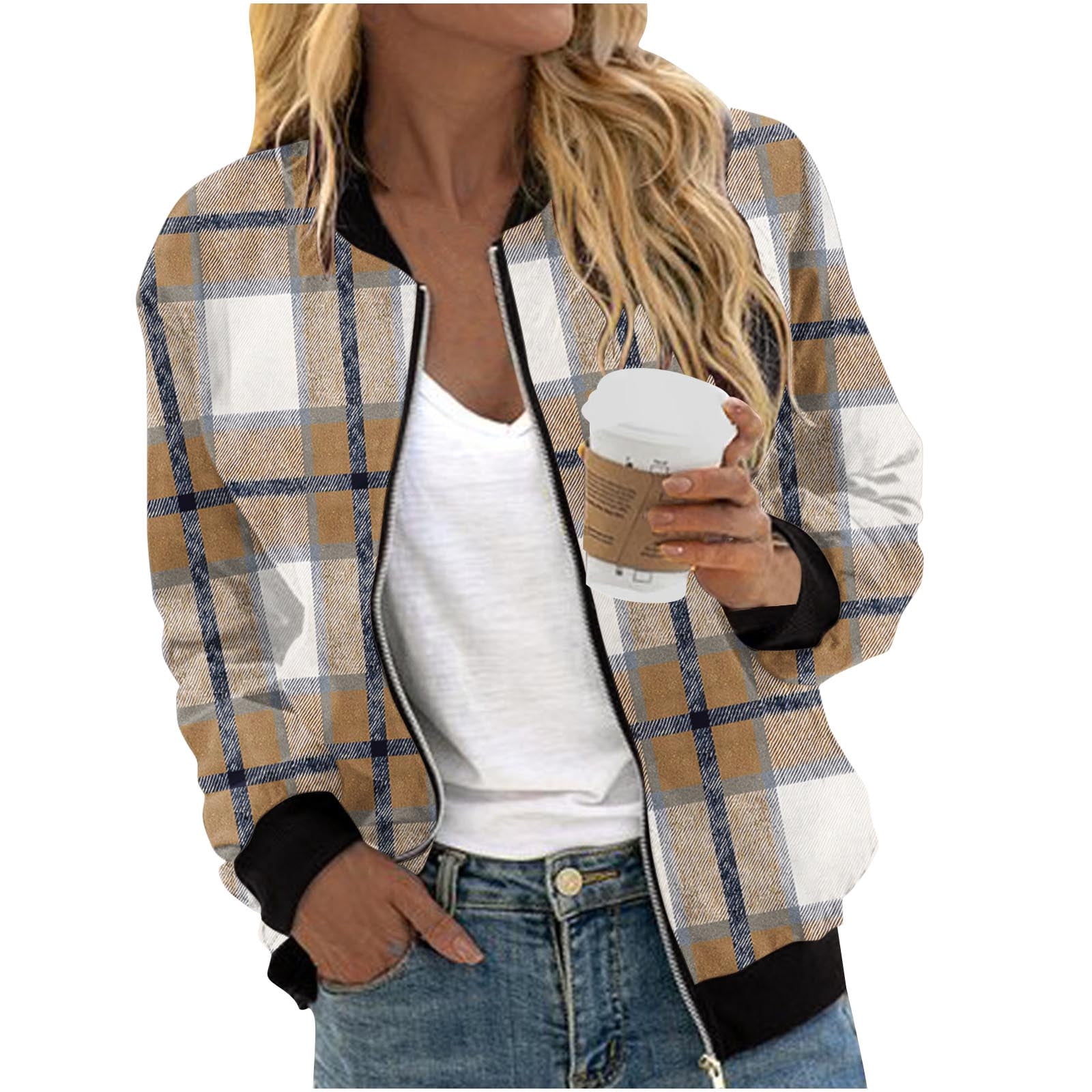 STETMN Plaid Bomber Jacket for Women Casual Long Sleeve Coat Fall Zip ...