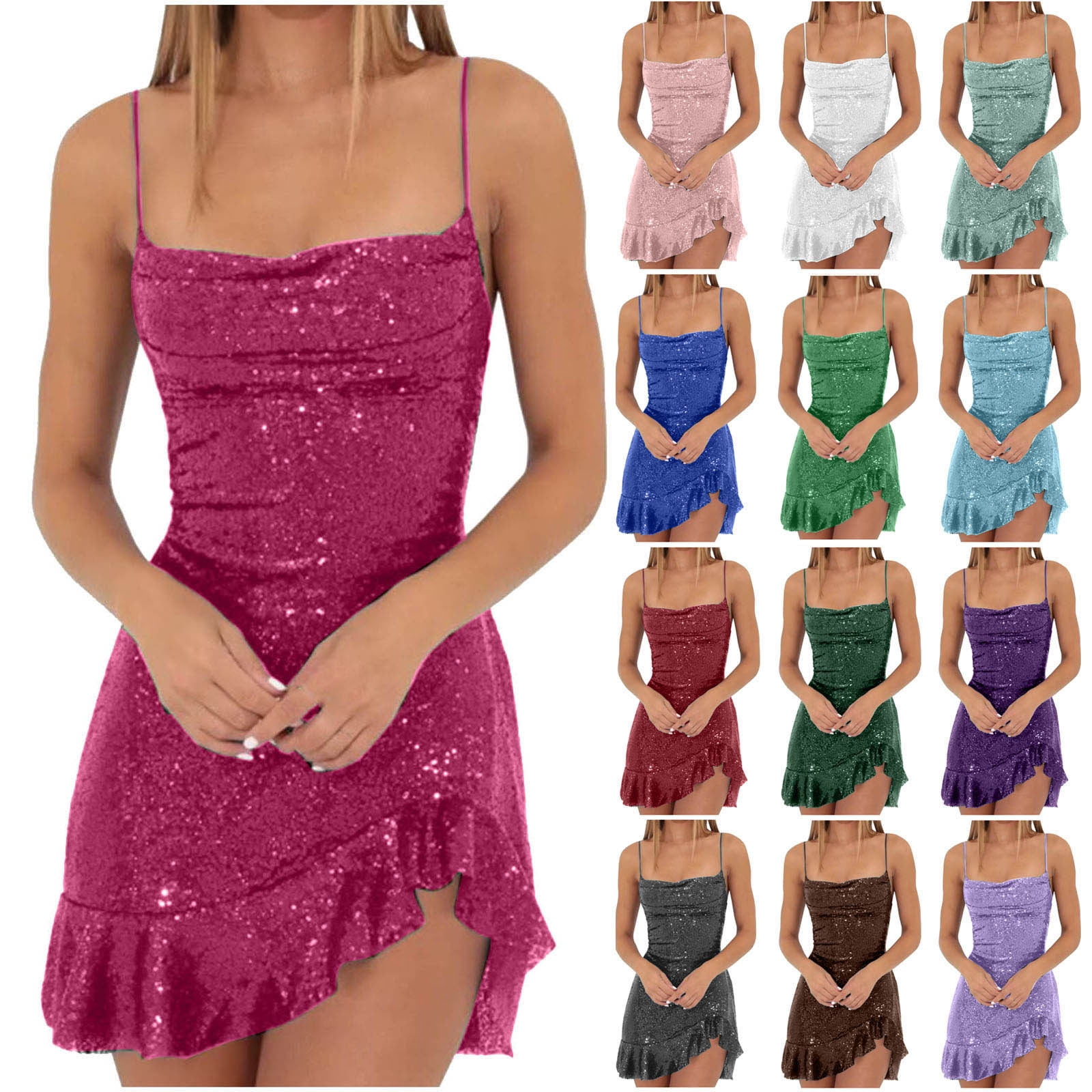 STETMN Sequin Mini Dress for Women Spaghetti Strap Prom Dress Summer ...