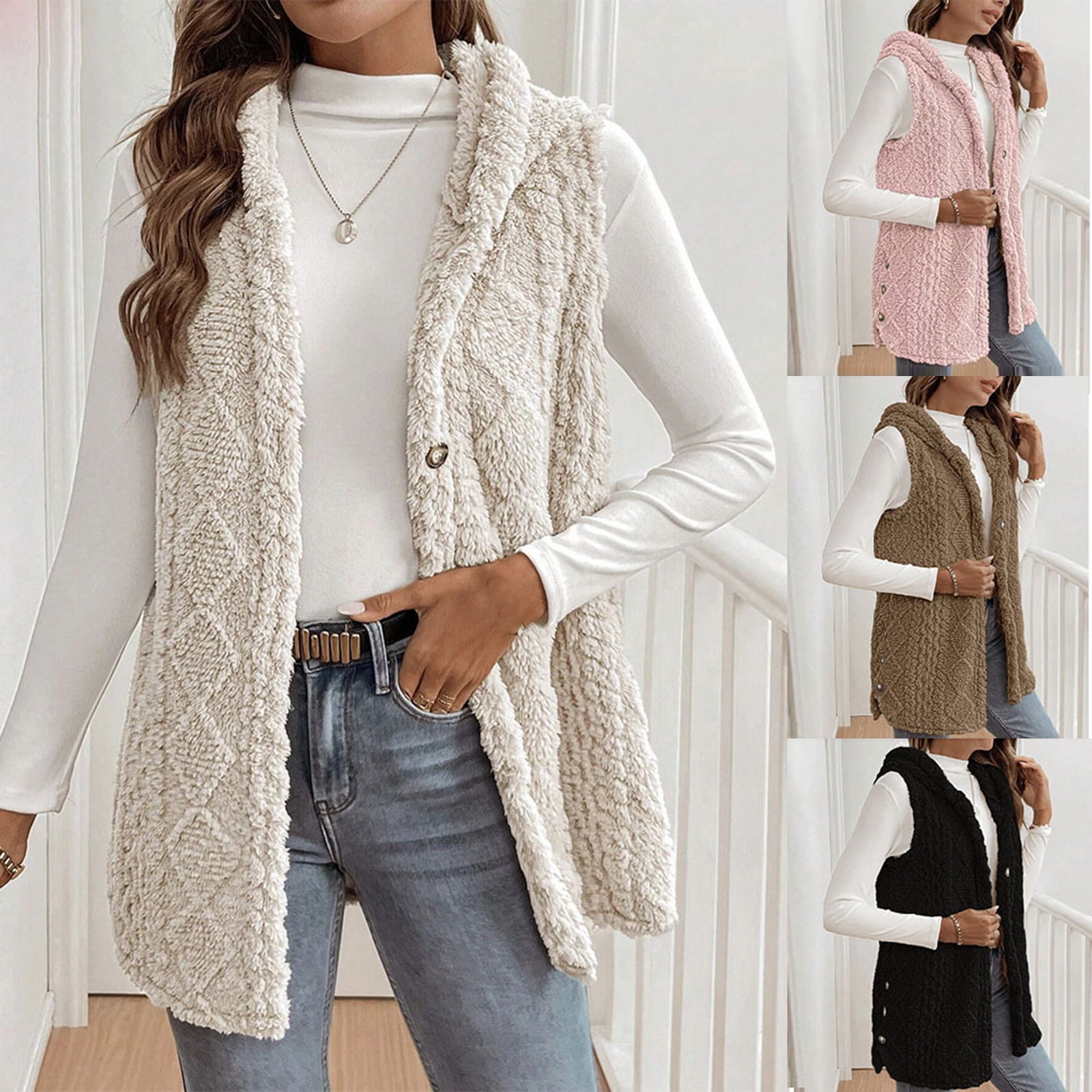 STETMN Sherpa Fleece Long Vests for Women Button Up Hooded Sleeveless ...