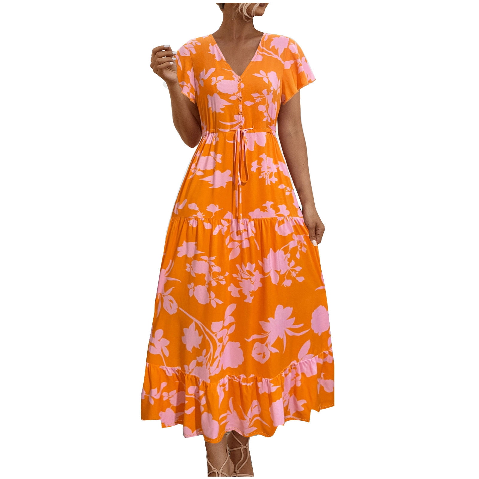 STETMN Spring Summer Dress Womens Short Sleeve Bohe Floral Maxi Dresses ...