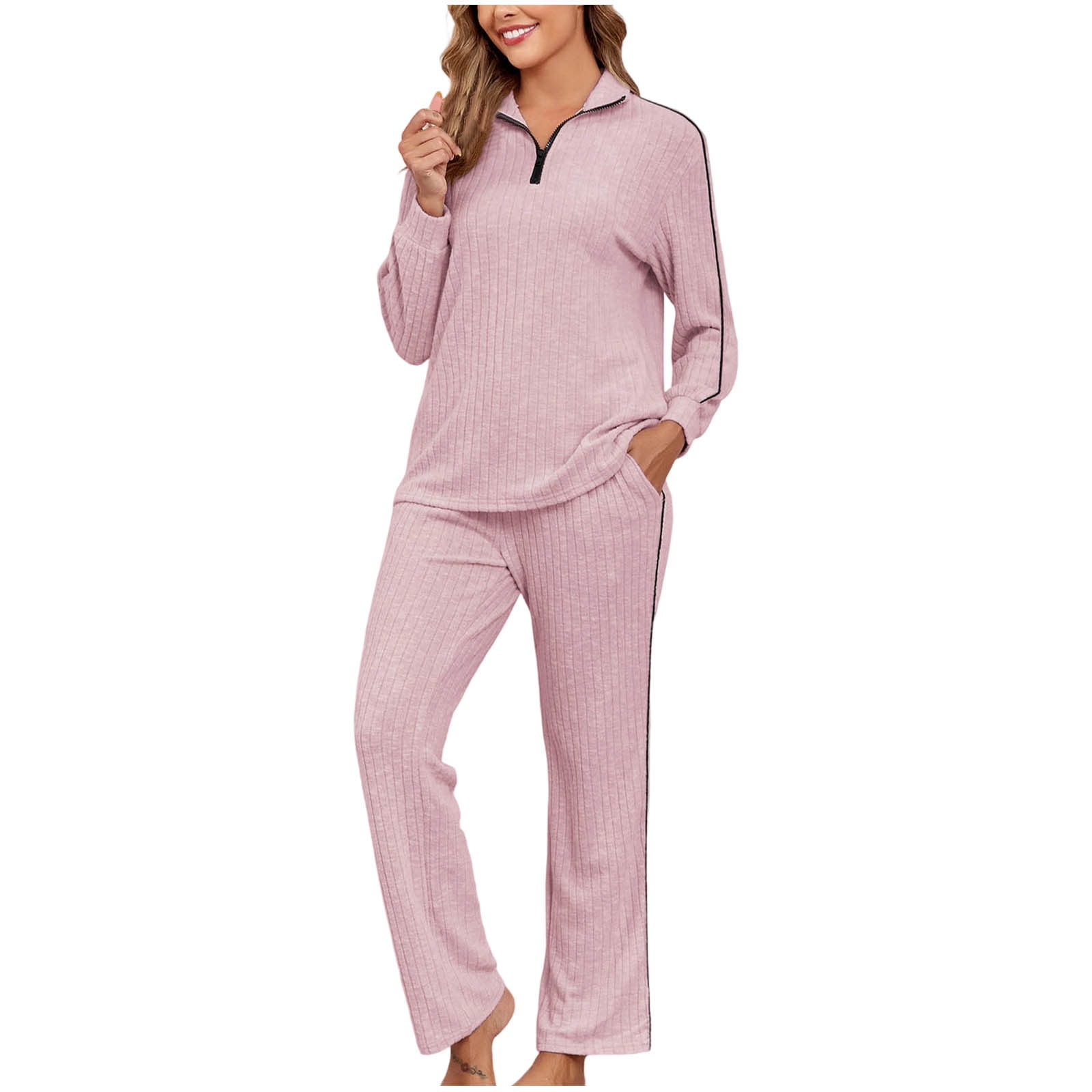 STETMN Women's Casual 2 Piece Outfits Zip Up Lapel Neck Tops Ribbed ...